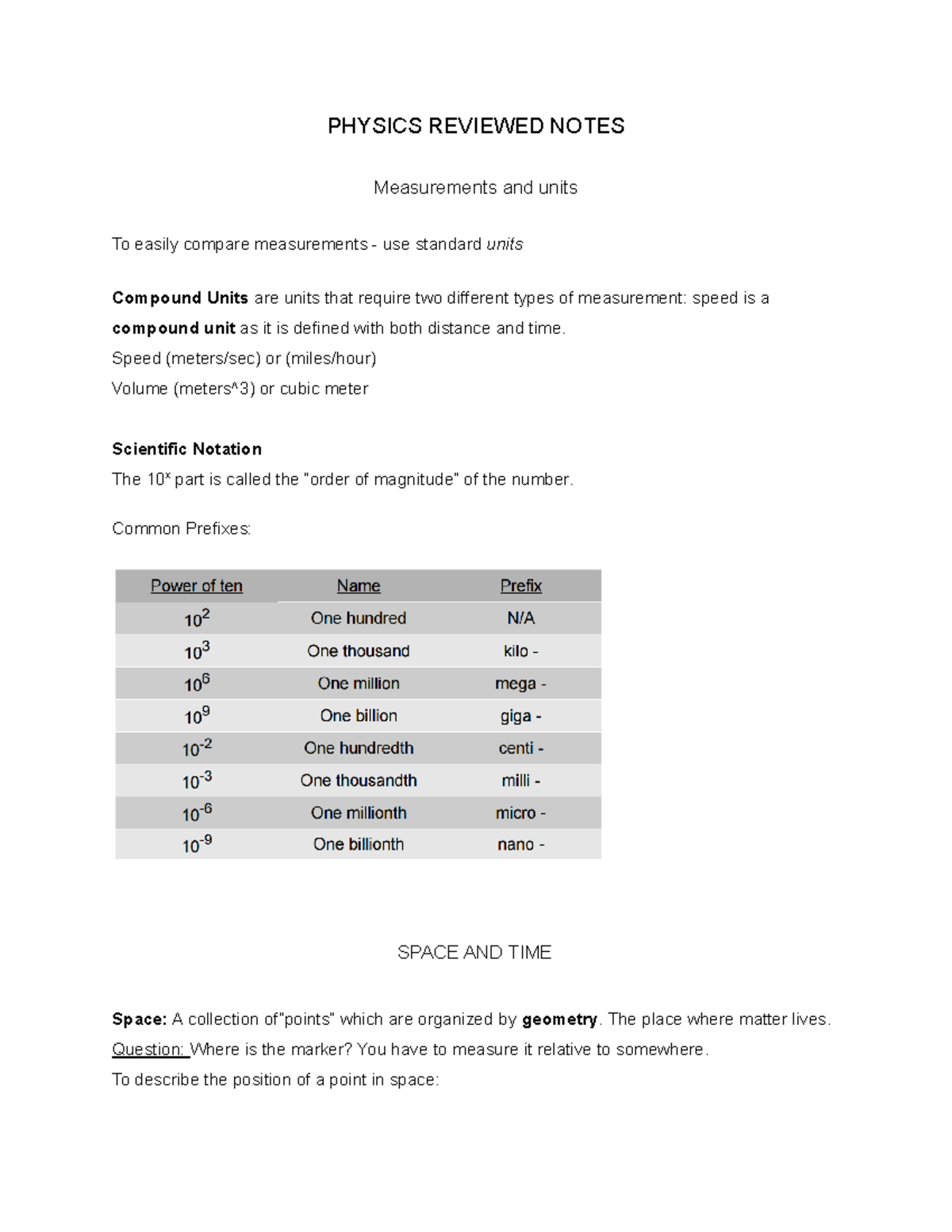 Physics Reviewed Notes - PHYSICS REVIEWED NOTES Measurements and units ...