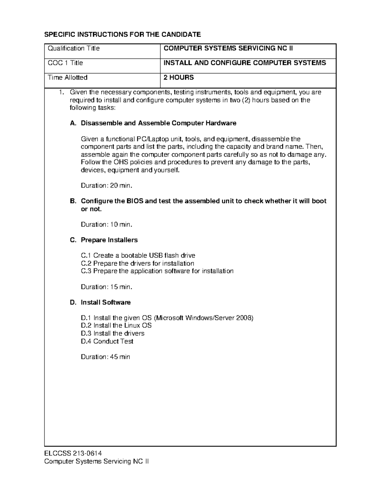 Pdfcoffee - for nc ii assessment - ELCCSS 213- 0614 SPECIFIC INSTRUCTIONS FOR THE CANDIDATE ...