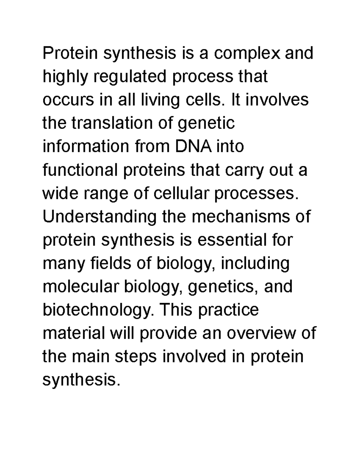 Protein synthesis - Practice Material (part 1) - Protein synthesis is a ...