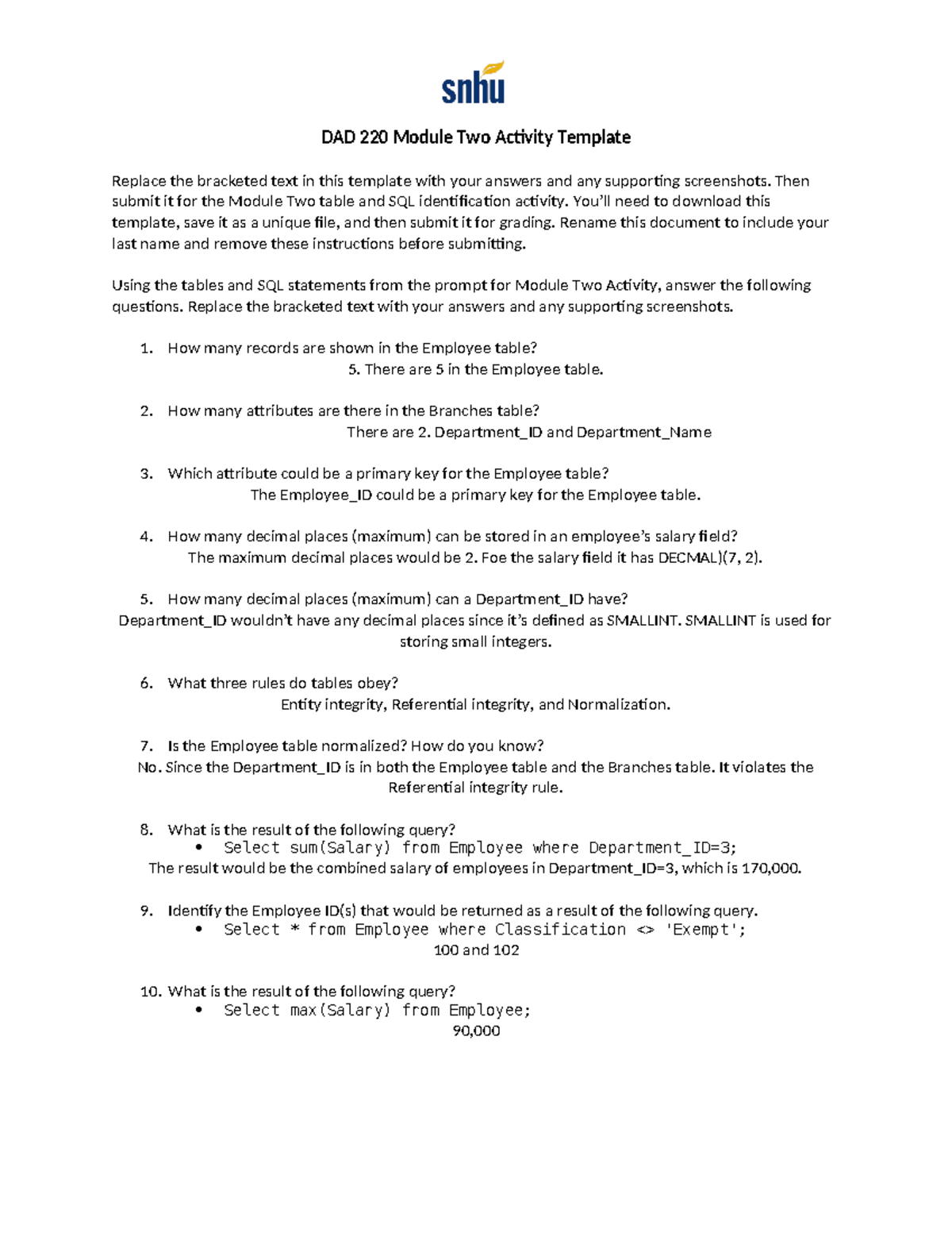 Dad 220 Module Two Activity Then Submit It For The Module Two Table And Sql Identification