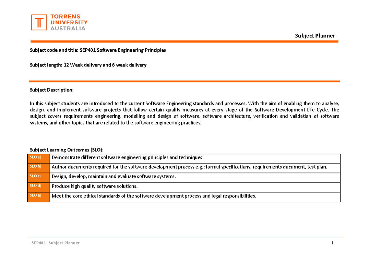 SEP401 Subject Planner - SEP401_Subject Planner 1 Subject Planner Subject code and title: SEP401 ...