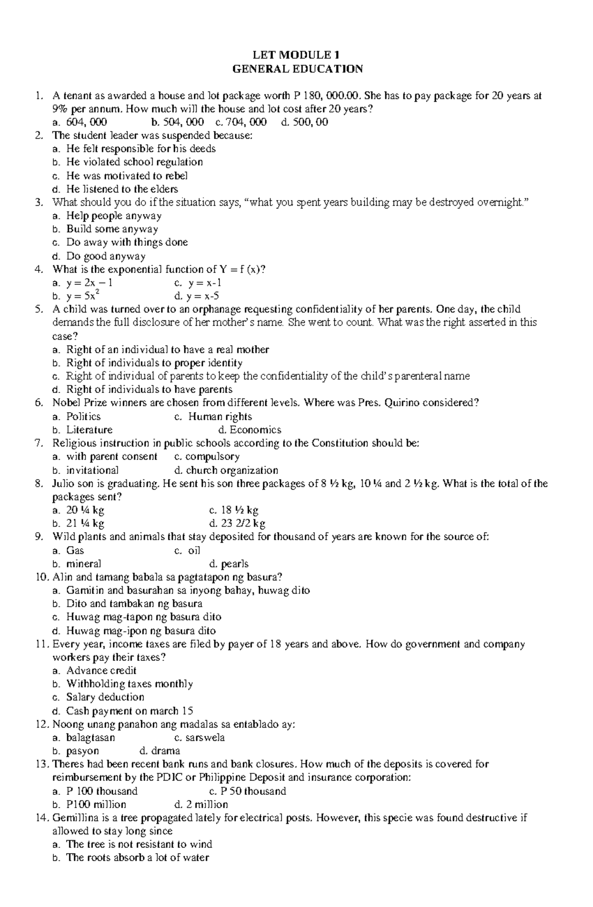 5. LET General Education Q&A WITH Answer KEYS - LET MODULE 1 GENERAL ...