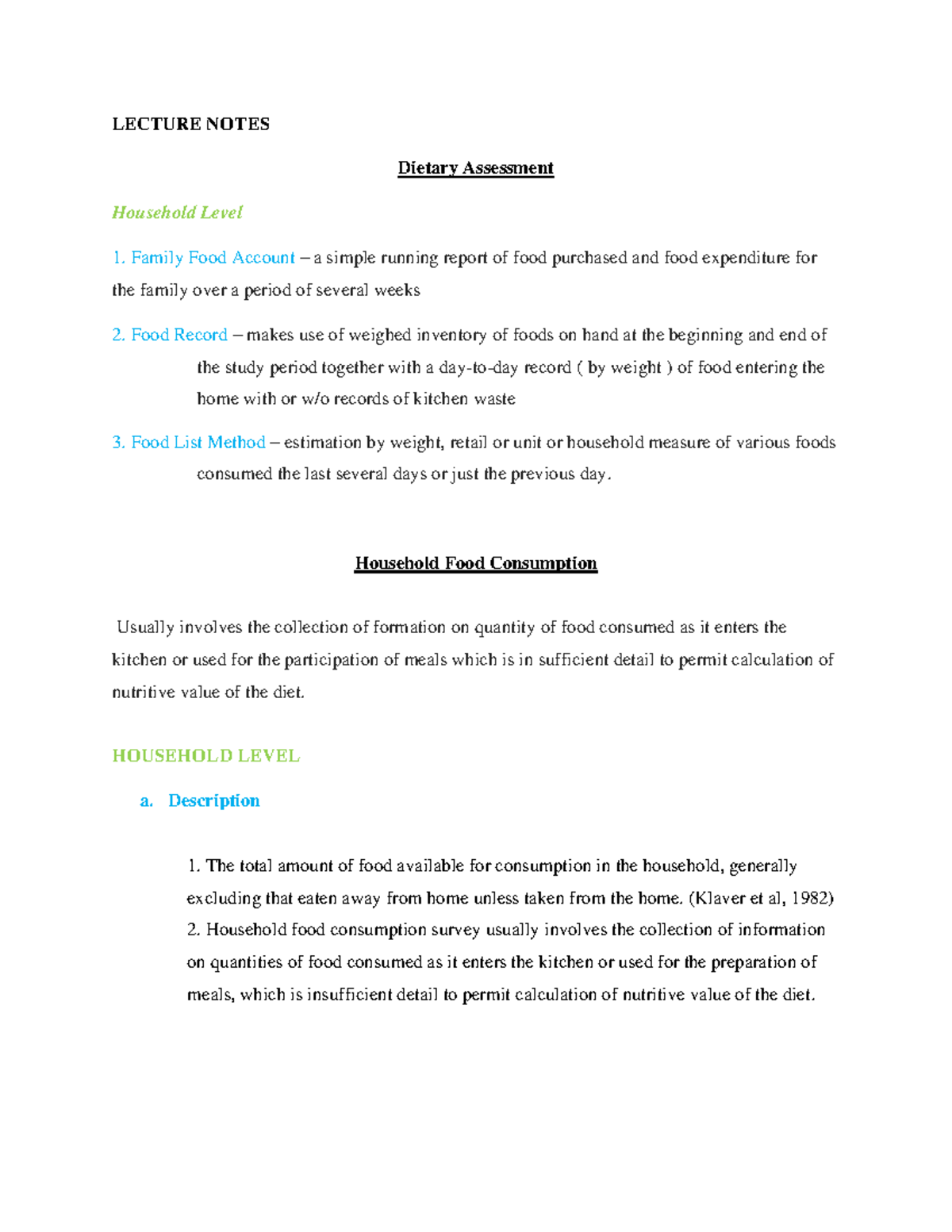 Dietary Assessment NOTE 2 - LECTURE NOTES Dietary Assessment Household ...