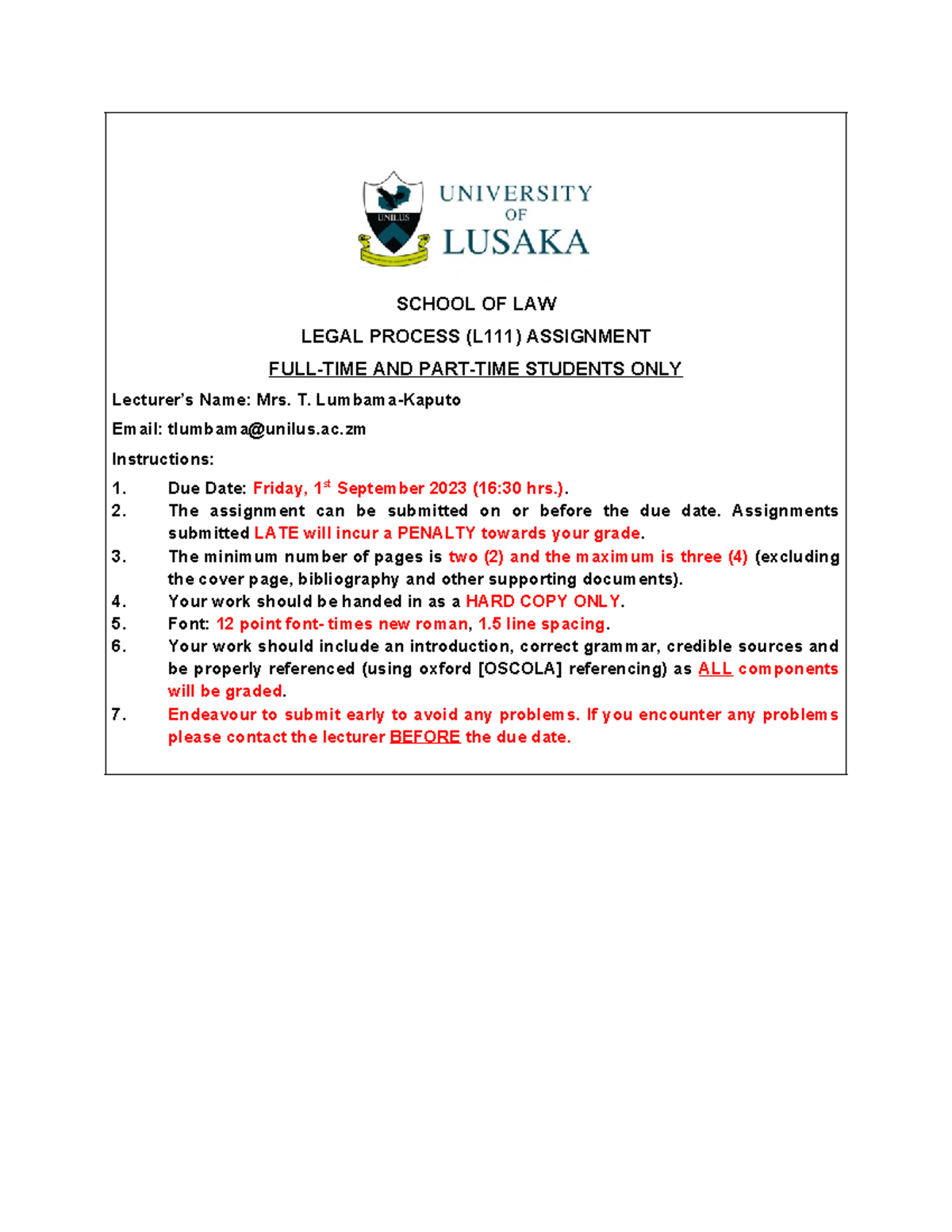 L111 FP 1 2023 2 - Legal process assignment - SCHOOL OF LAW LEGAL PROCESS (L111) ASSIGNMENT ...