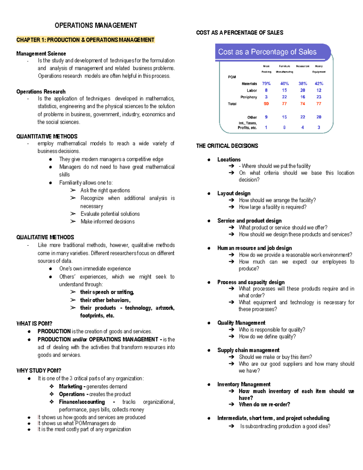 reviewer for entrepreneur - OPERATIONS MANAGEMENT CHAPTER 1: PRODUCTION & OPERATIONS MANAGEMENT ...