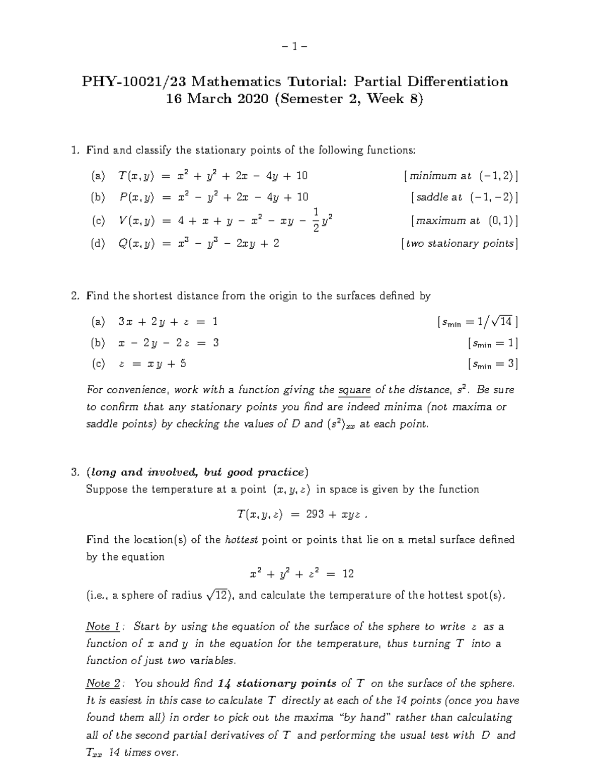 Semester 2 Tutorial 8 2020 - – 1 – PHY-10021/23 Mathematics Tutorial ...