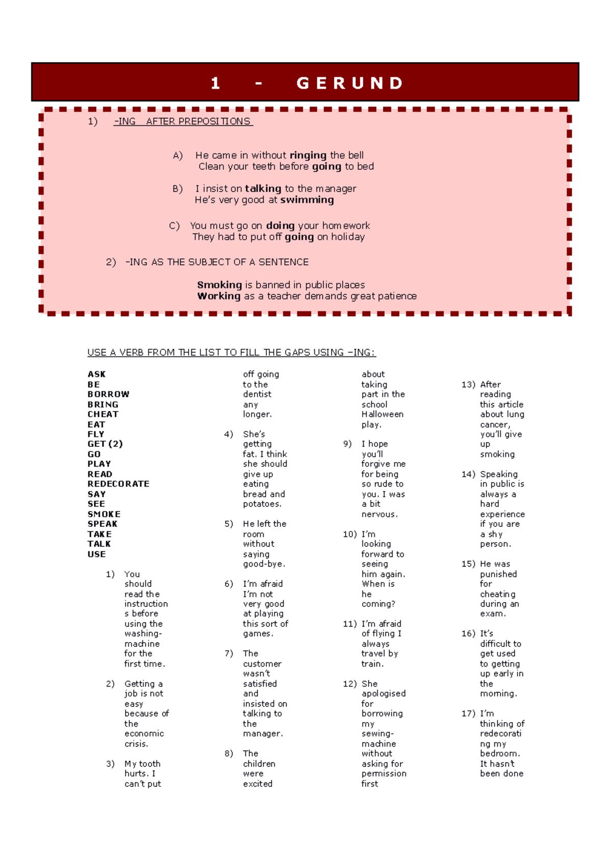 Gerund-1 5477 - tarea - 1 - G E R U N D 1) -ING AFTER PREPOSITIONS A ...