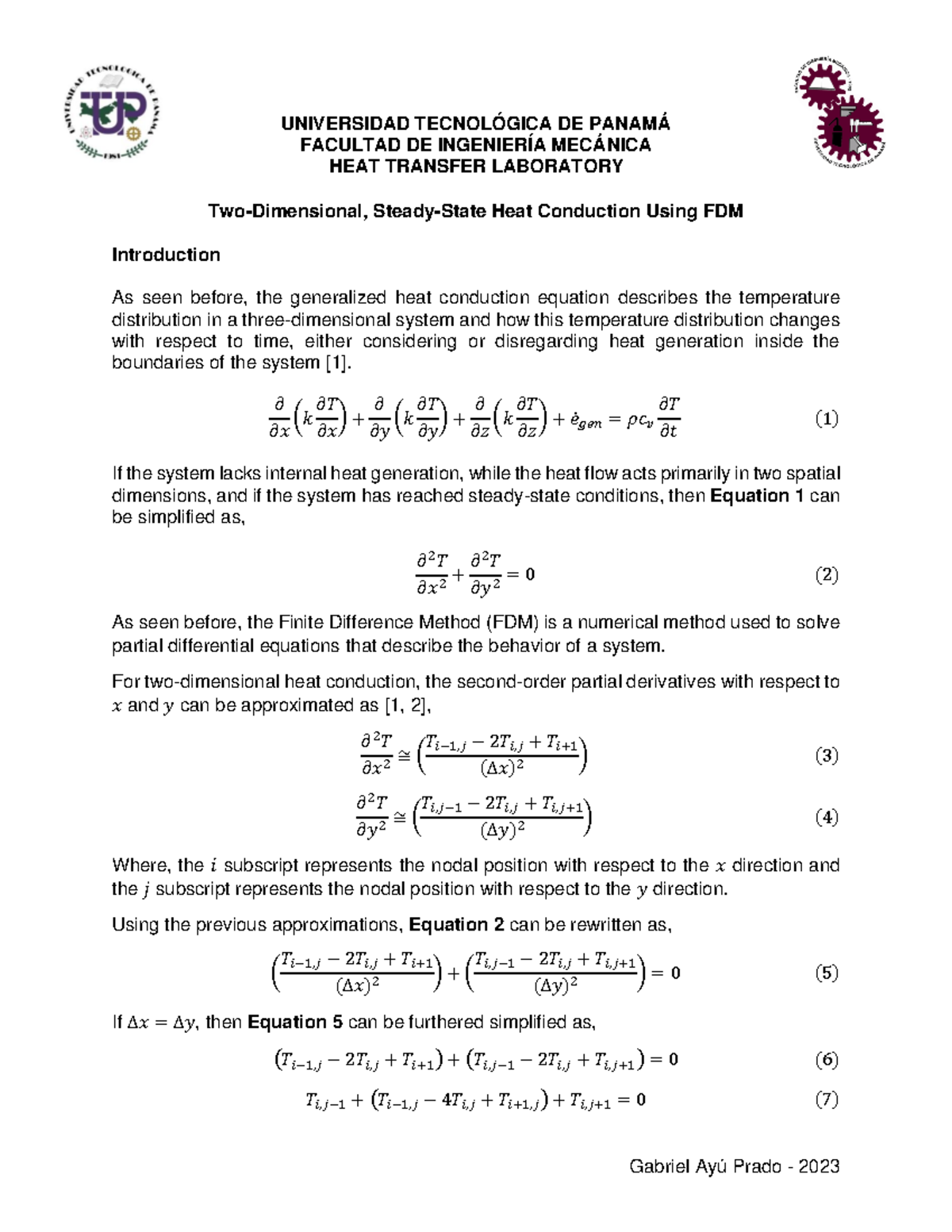 LAB #8 Two-Dimensional, Steady-State Heat Conduction Using FDM ...