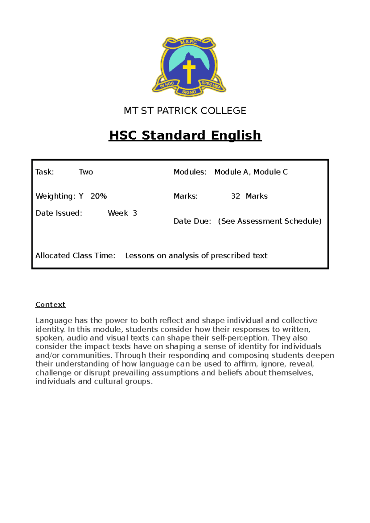 Year 12 Standard Module A Assessment Task 2 - MT ST PATRICK COLLEGE HSC ...