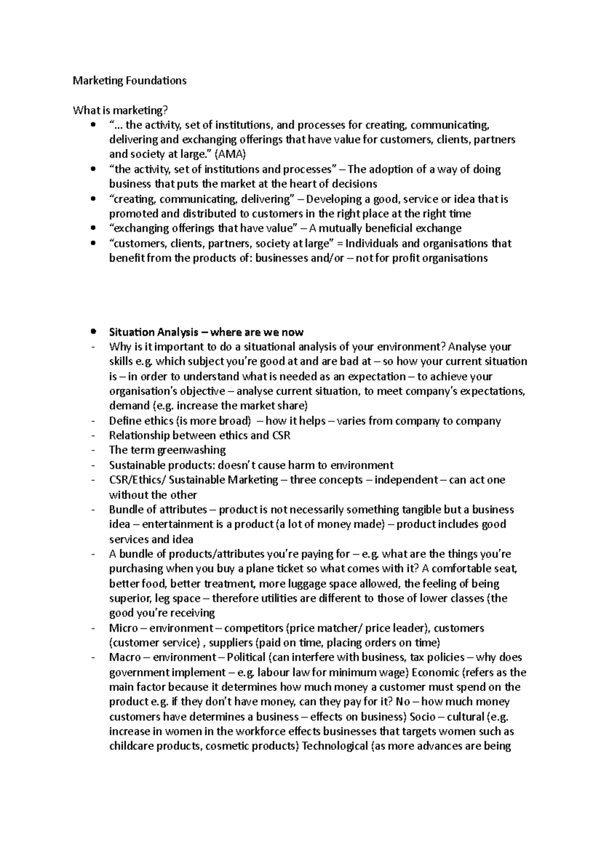 Marketing Foundations notes - Marketing Foundations What is marketing ...