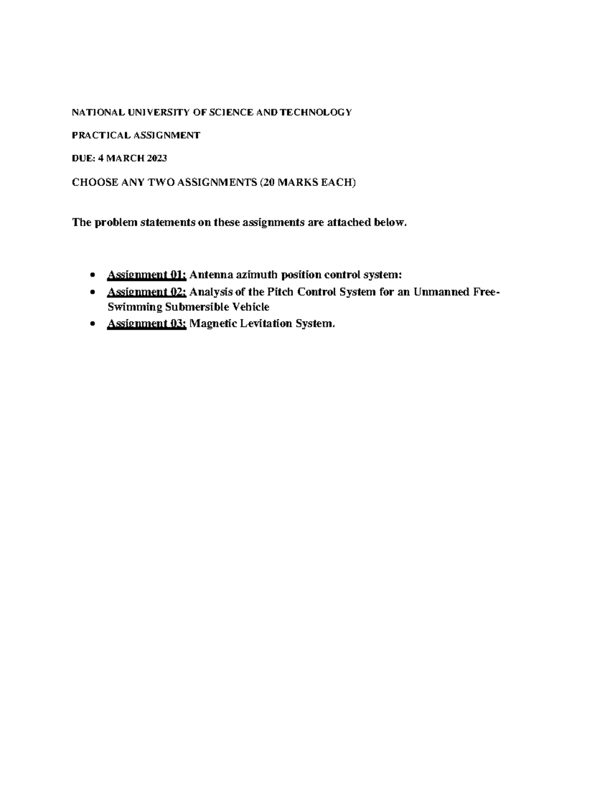 Control System Case Study Assignment - NATIONAL UNIVERSITY OF SCIENCE ...