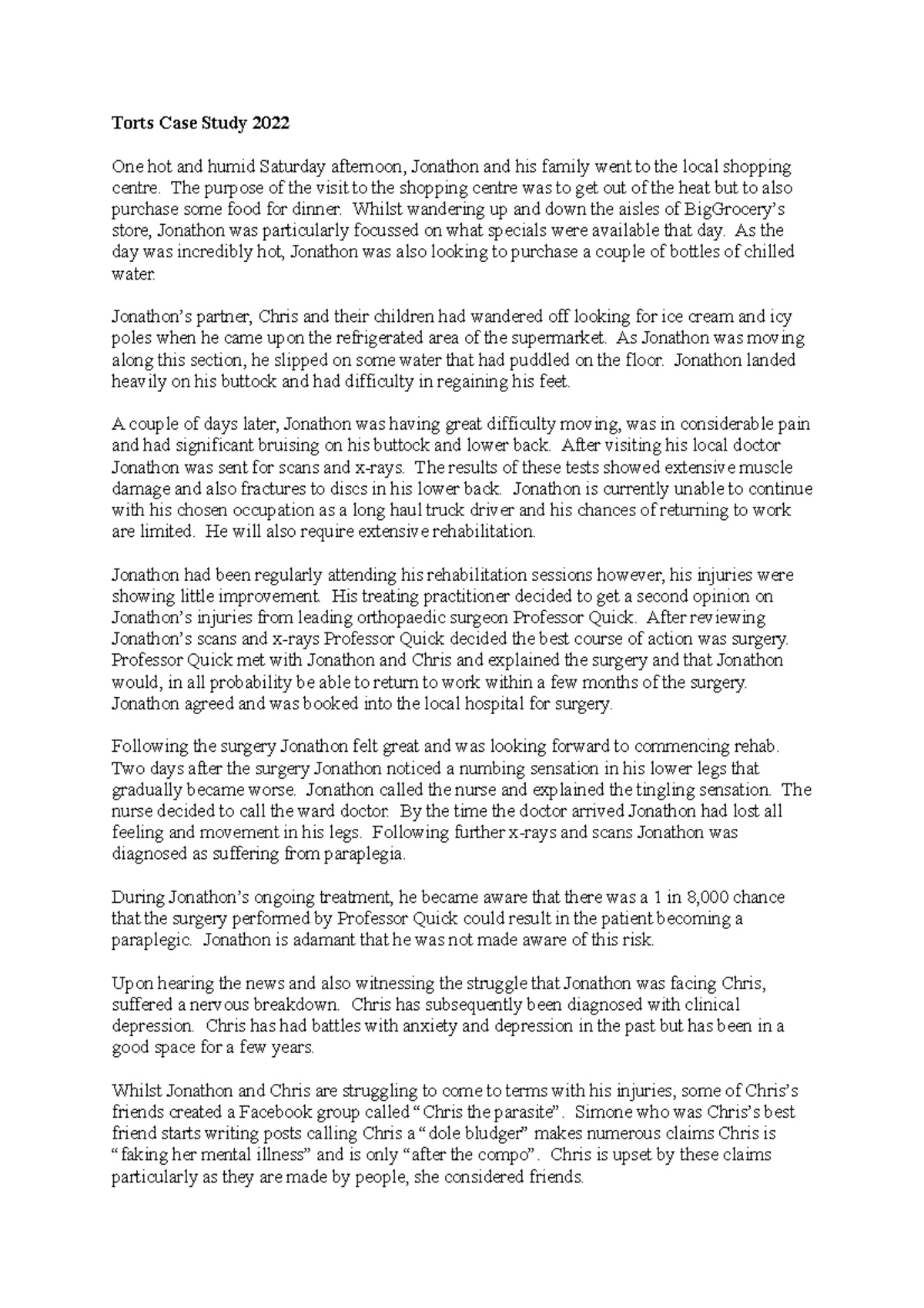 Torts Example practise Case Study 2022 pr - Torts Case Study 2022 One ...