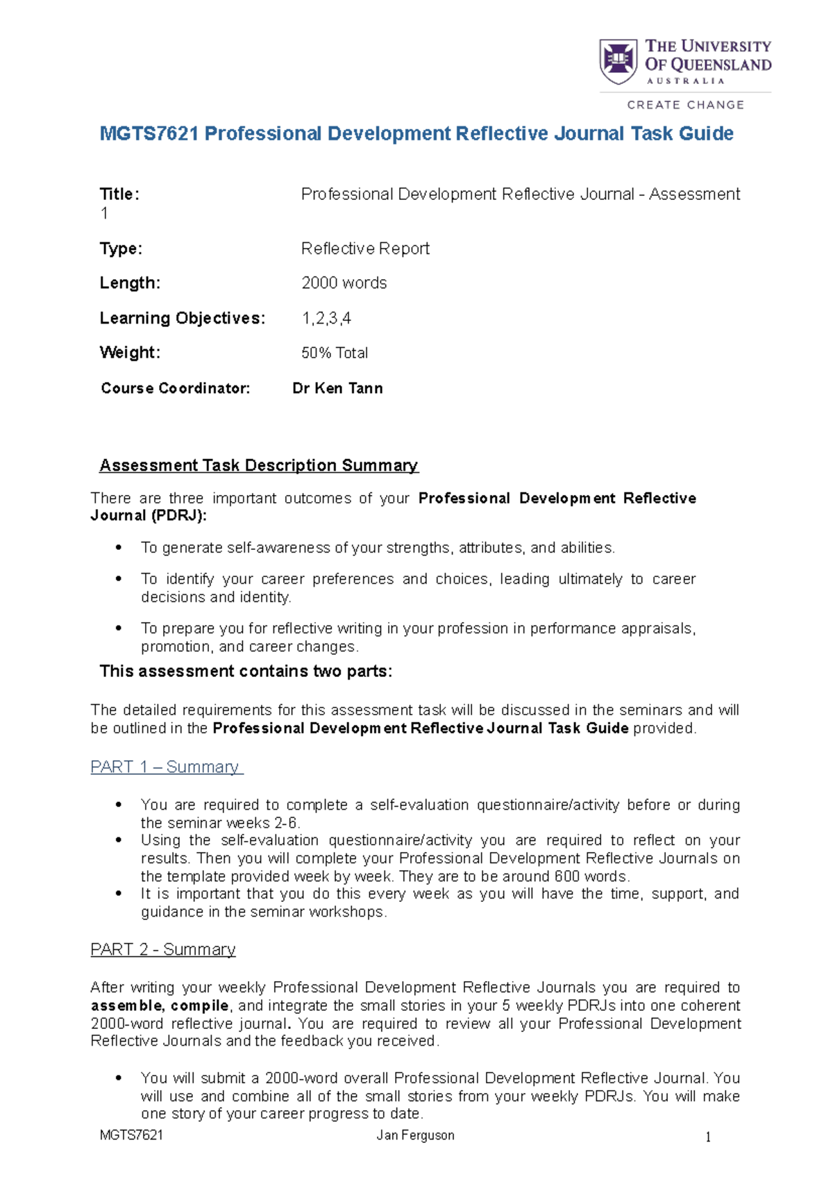 MGTS7621 Professional Development Reflective Journal Task Guide JF ...