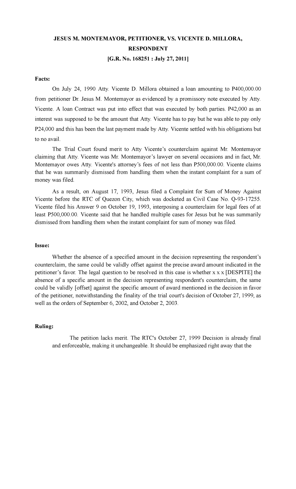 Case Digest - Case study about Montemayor vs Millora Case - JESUS M ...