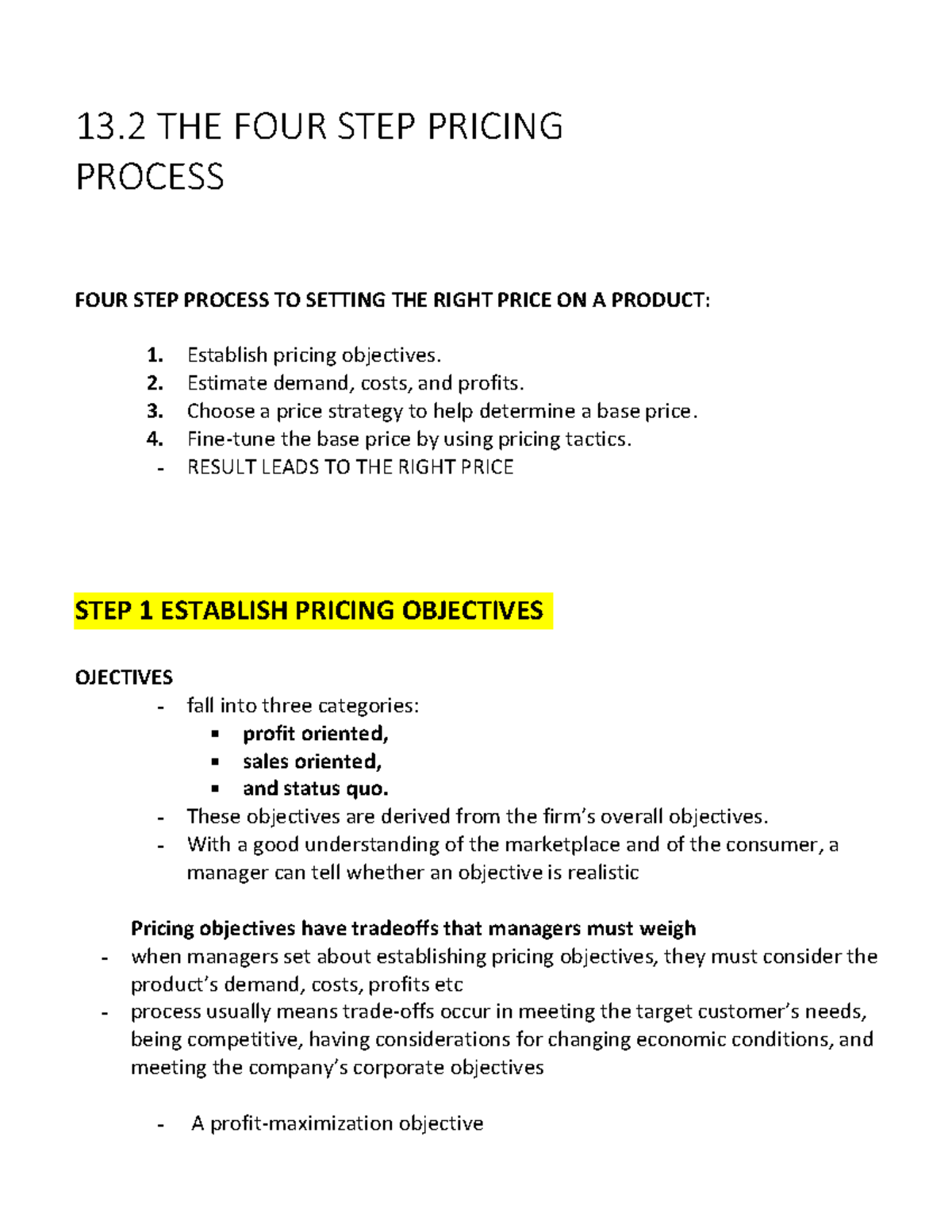13.2 THE FOUR STEP Pricing Process - FOUR STEP PROCESS TO SETTING THE ...