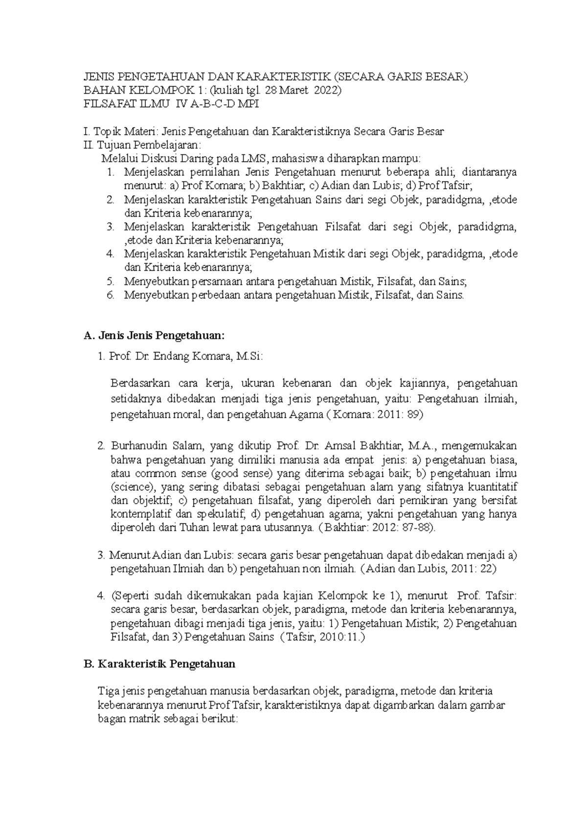 Bahan Klp.2 FILS ILMU IV MPI 2022 - JENIS PENGETAHUAN DAN KARAKTERISTIK (SECARA GARIS BESAR ...