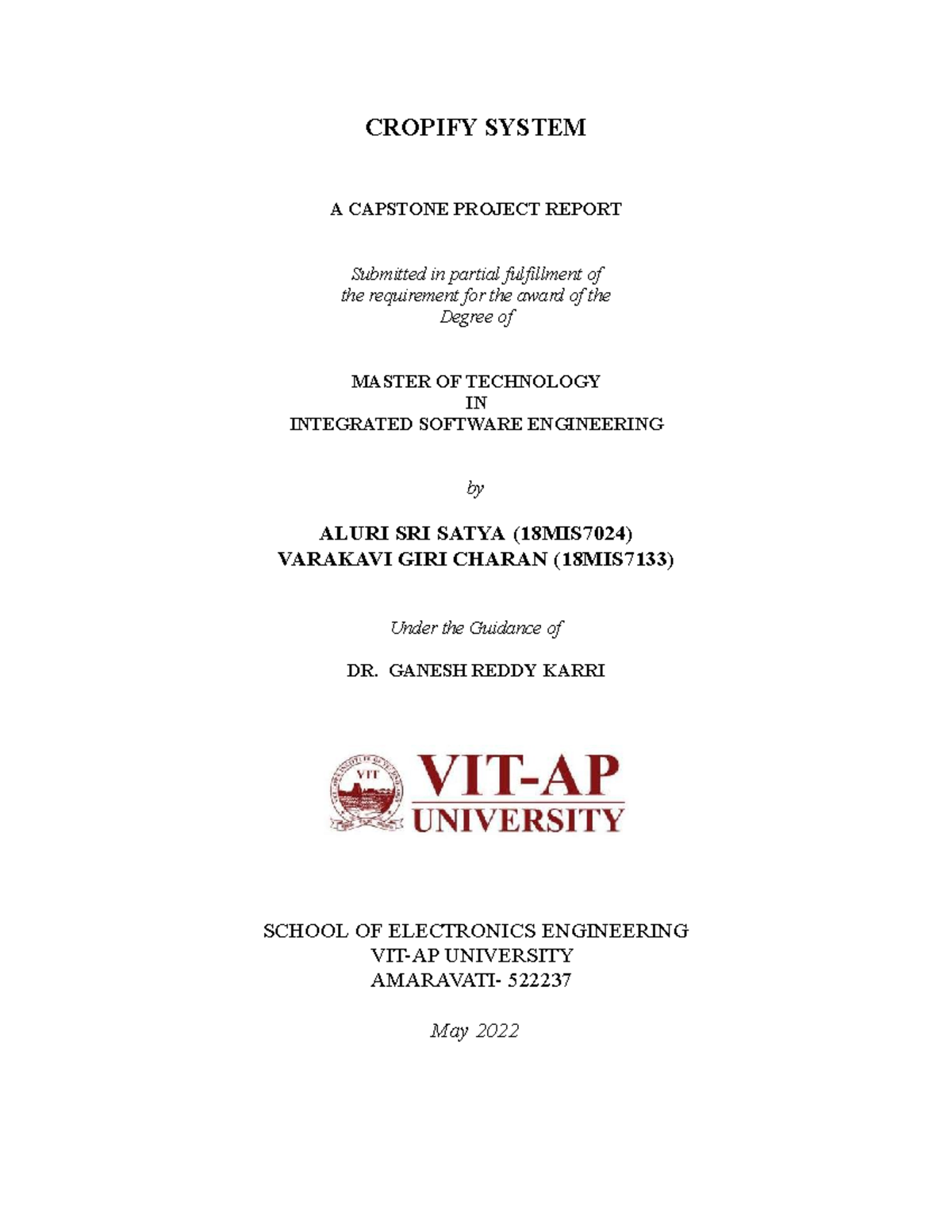 Capstone Report - CROPIFY SYSTEM A CAPSTONE PROJECT REPORT Submitted in ...