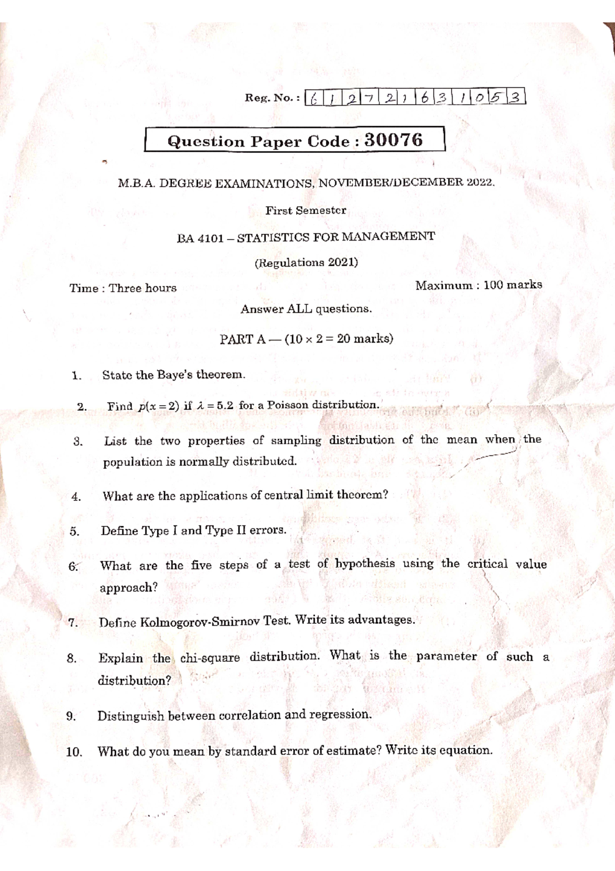 1-MBA Statistics OF Management Questions - Reg. No.: 612721631053 ...