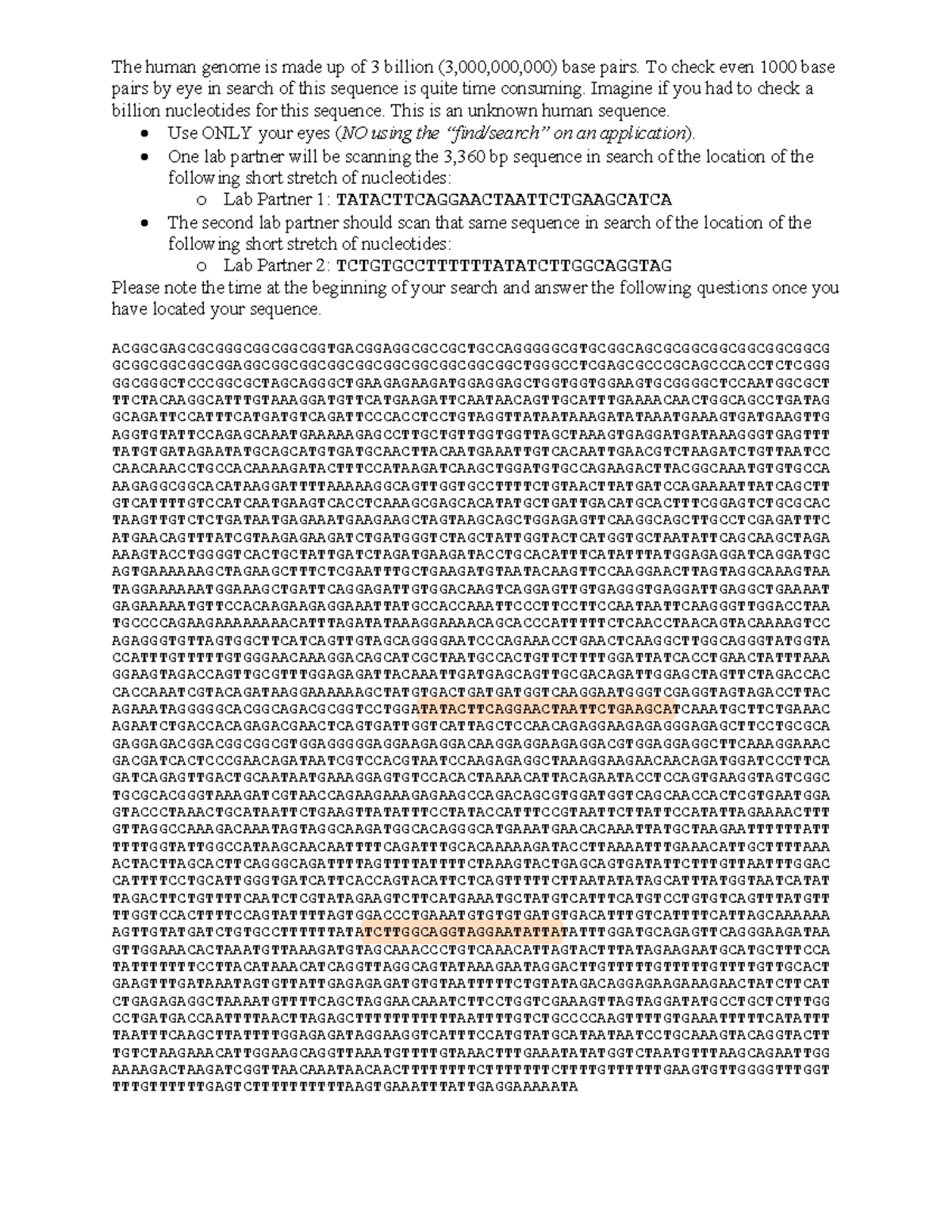 Worksheet 1 DNA sequence - The human genome is made up of 3 billion ...