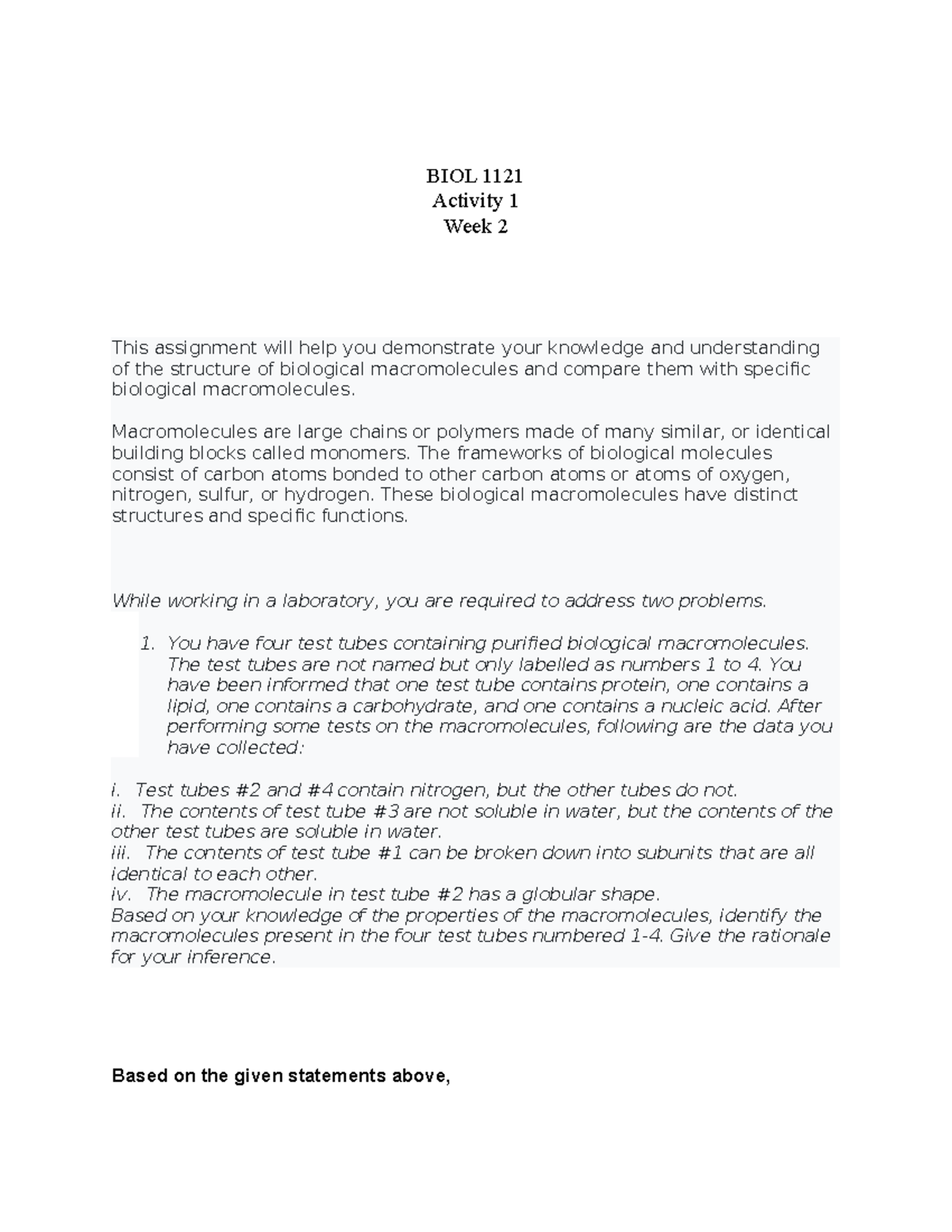 BIOL 1121 -Activity 1 - Week 2 - BIOL 1121 Activity 1 Week 2 This assignment will help you - Studocu