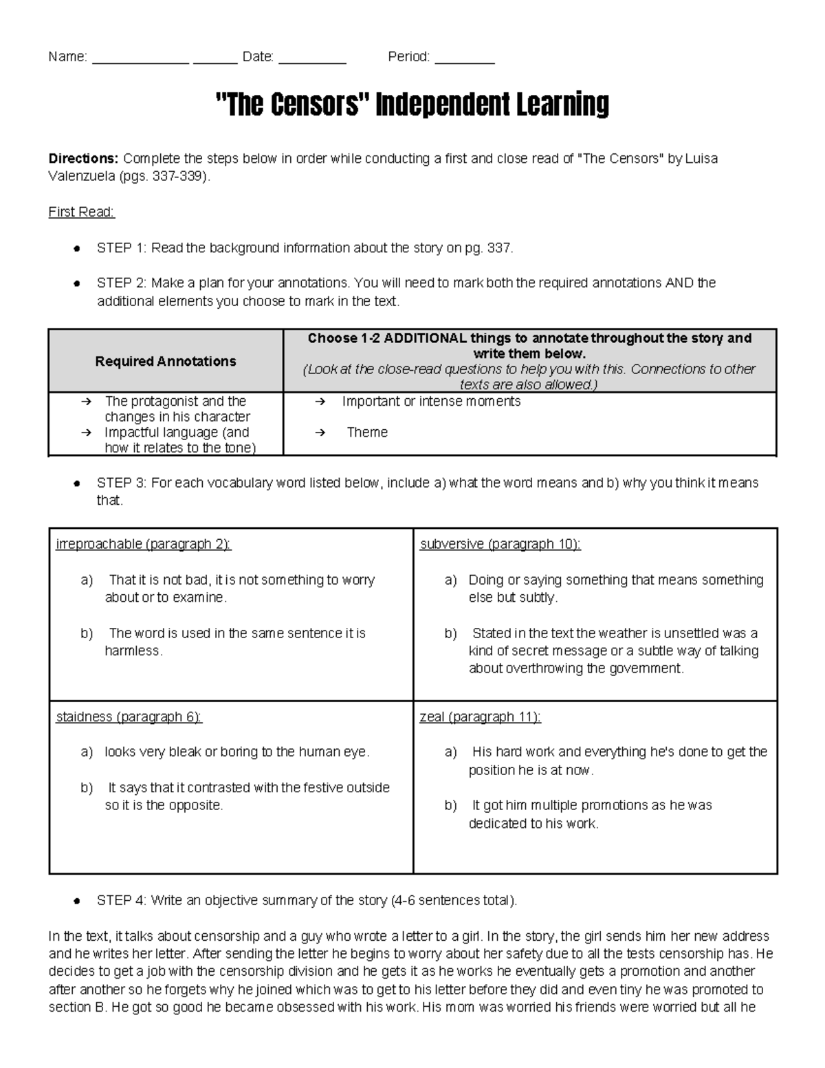 Copy of Copy of The Censors Independent Learning - Name ...