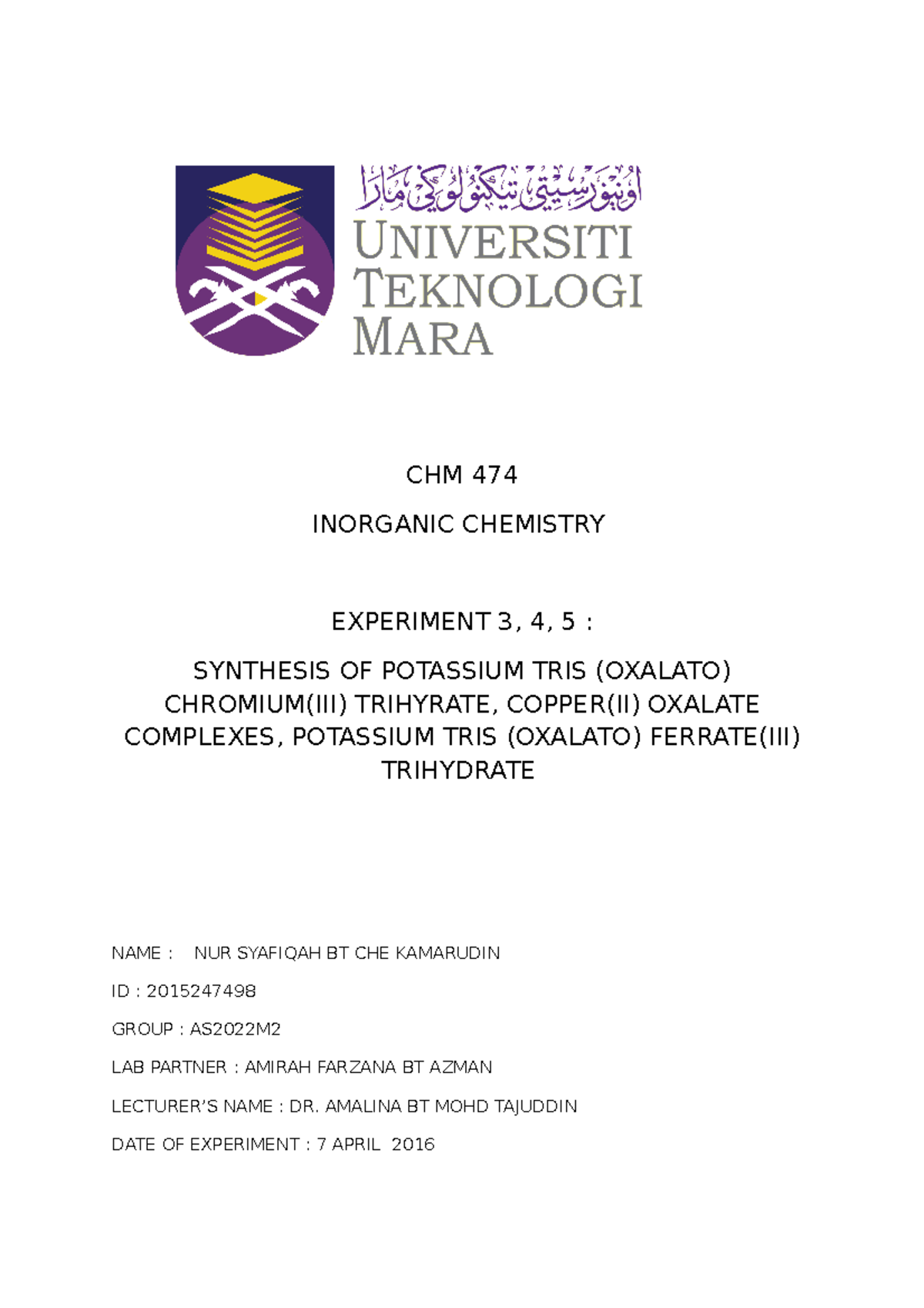 Chemistry 474 experiment 3 4 5 docx - CHM 474 INORGANIC CHEMISTRY ...
