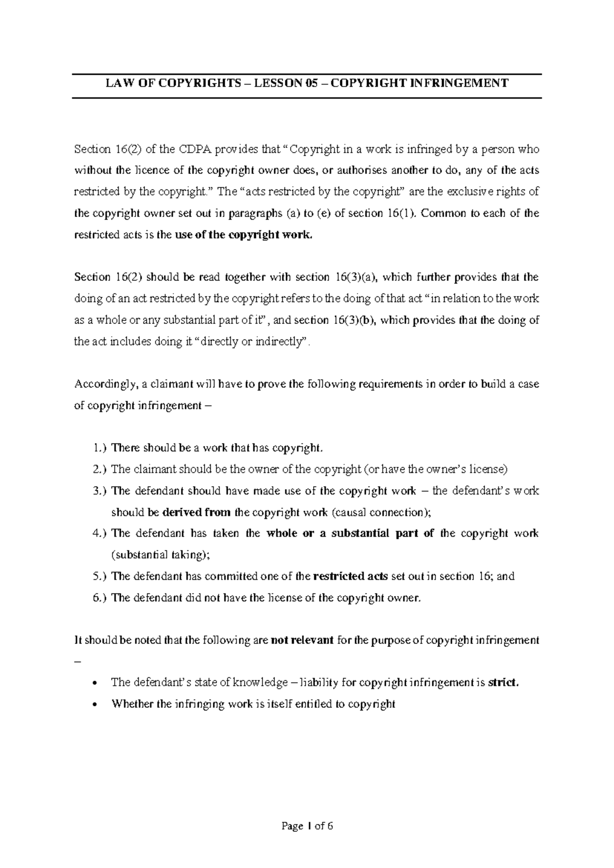 LAW OF Copyrights 05 - study note help - LAW OF COPYRIGHTS – LESSON 05 ...