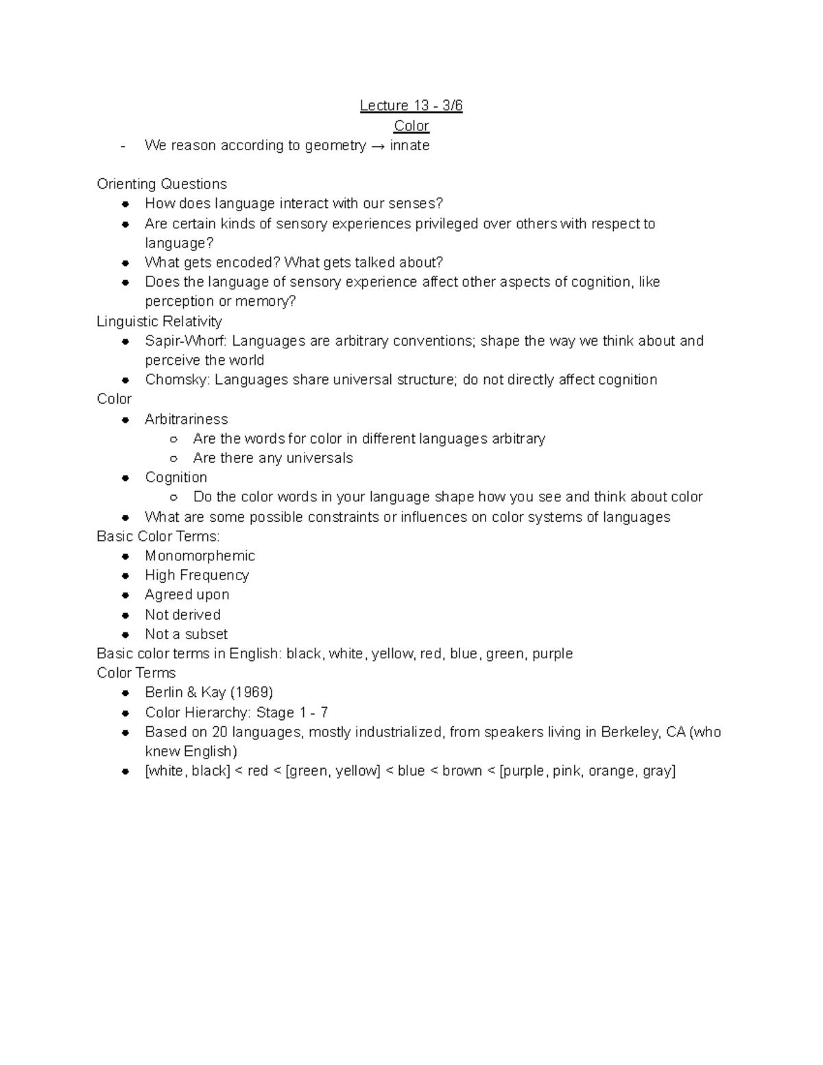 Lecture 13 - 3 6 - Lecture 13 - 3/ Color We reason according to geometry → innate Orienting ...