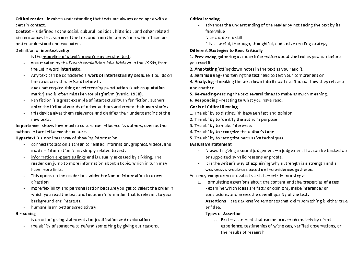 RWS - 4th Quarter - Critical reader - involves understanding that texts ...