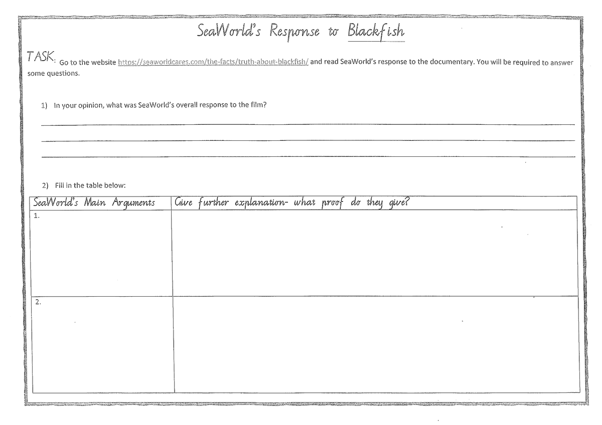 Blackfish Sea Worlds Response After Viewing Activity-1 - Studocu