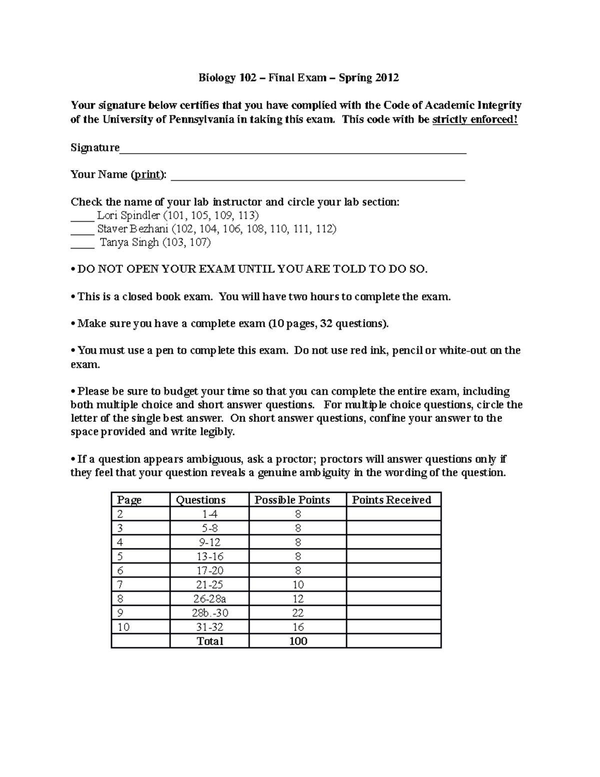 Final Exam 2012 Key-2 - Practice exam with solution - Biology 102 ...