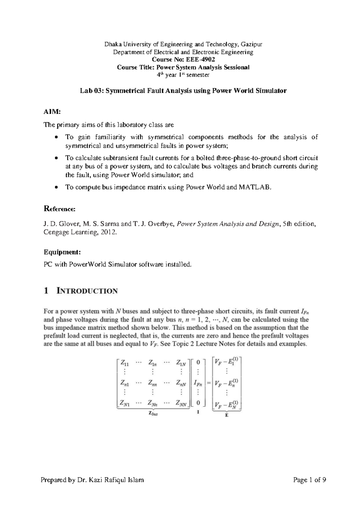 Lab 03 Symetrical Fault Analysis - Reference: J. D. Glover, M. S. Sarma ...
