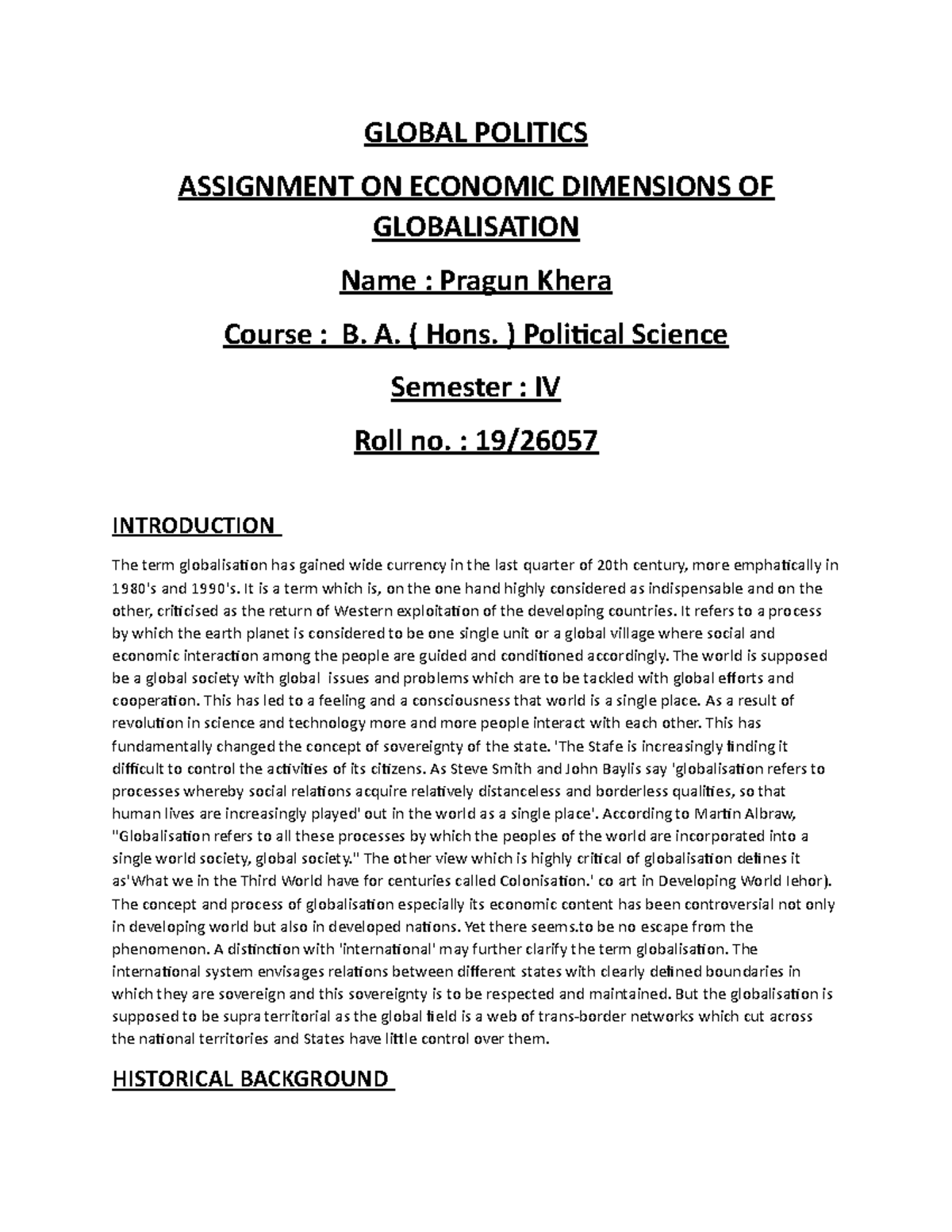 Global Politics assignment - GLOBAL POLITICS ASSIGNMENT ON ECONOMIC ...
