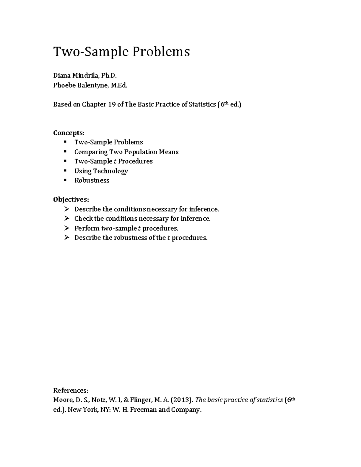 Two Sample Problems Lecture Notes - Two-Sample Problems Diana Mindrila ...