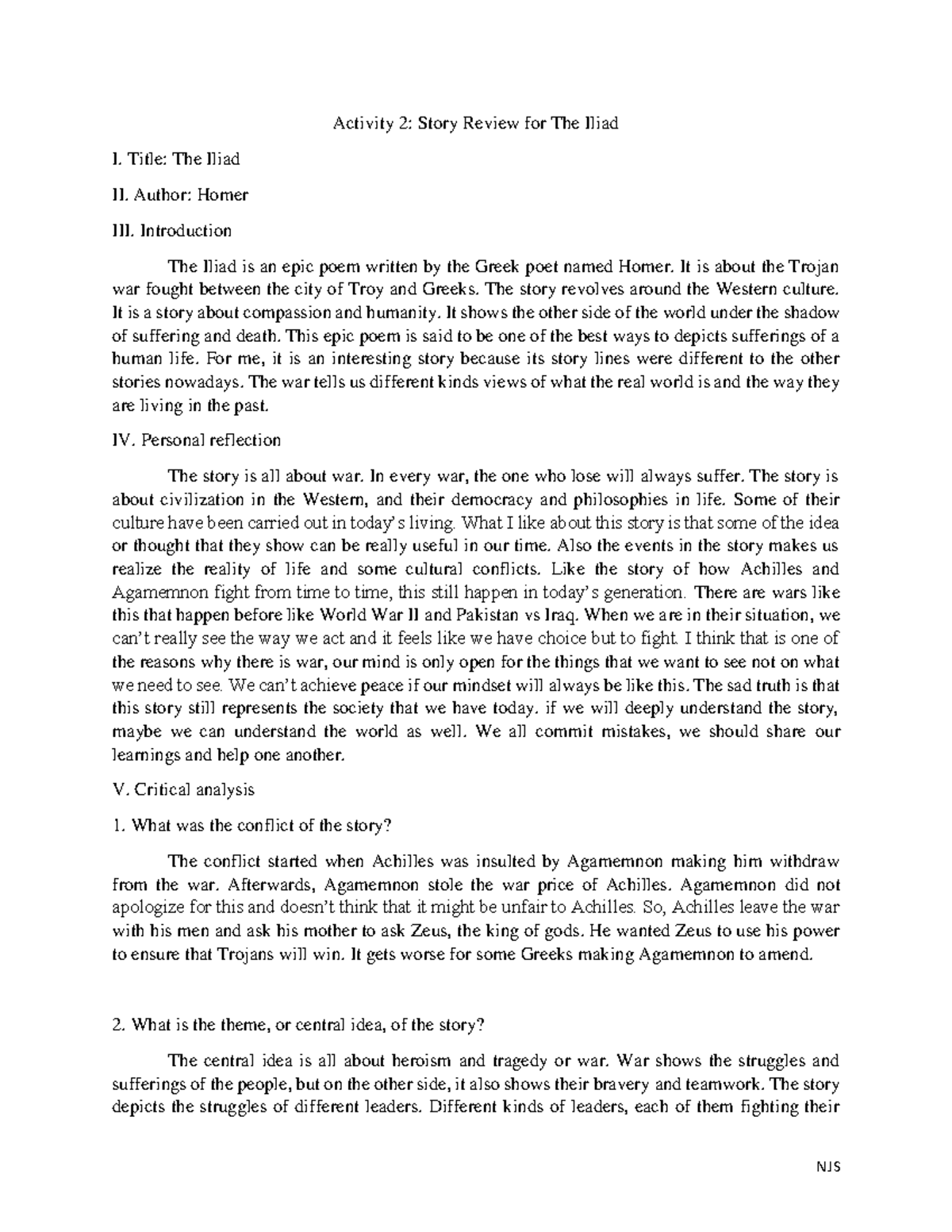 8. Story Review for The Iliad - Title: The Iliad II. Author: Homer III ...
