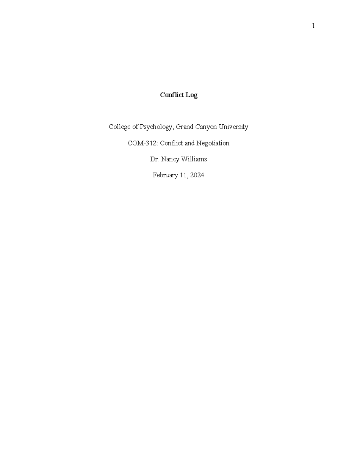 Conflict log assignment 1 - Conflict Log College of Psychology, Grand ...