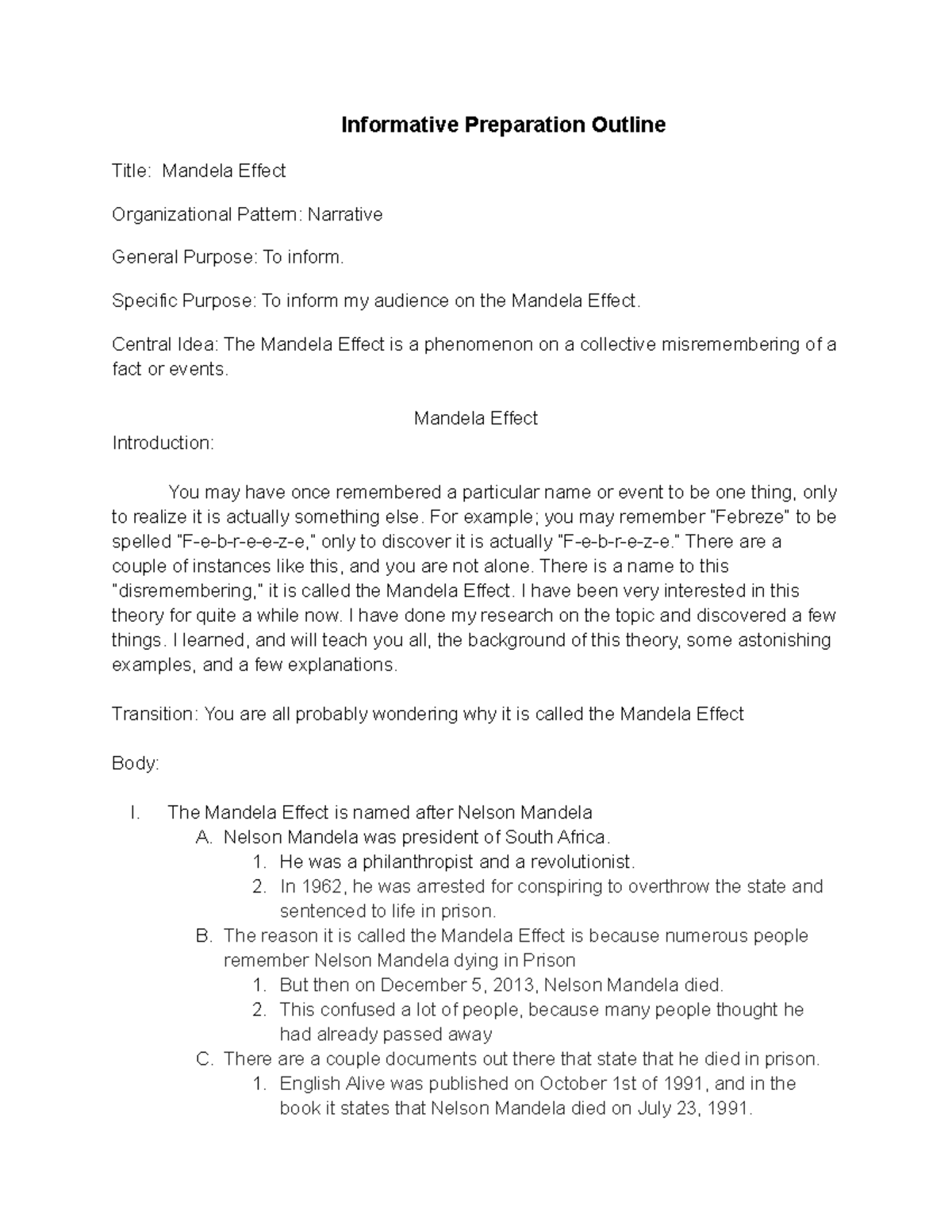 Informative Speech Outline - Informative Preparation Outline Title ...