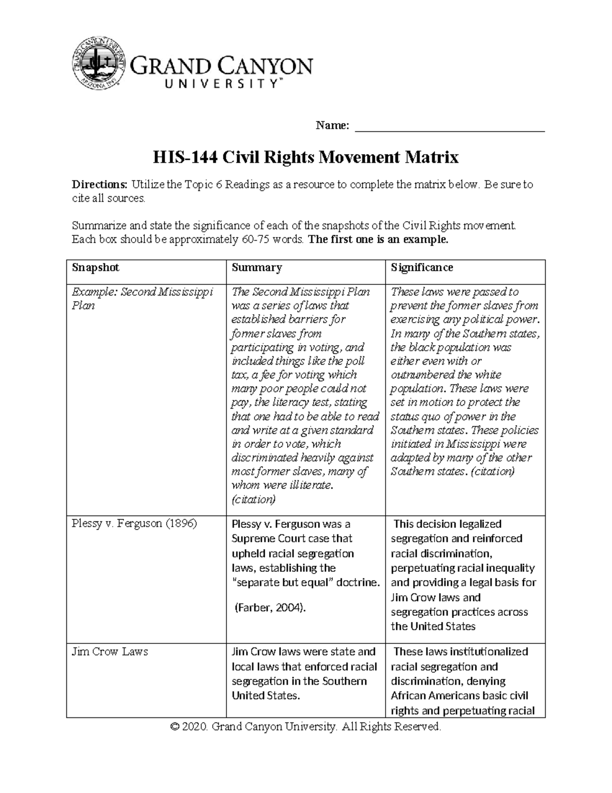 HIS-144-T6 Civil Rights Movement Matrix Online - Name: HIS-144 Civil ...