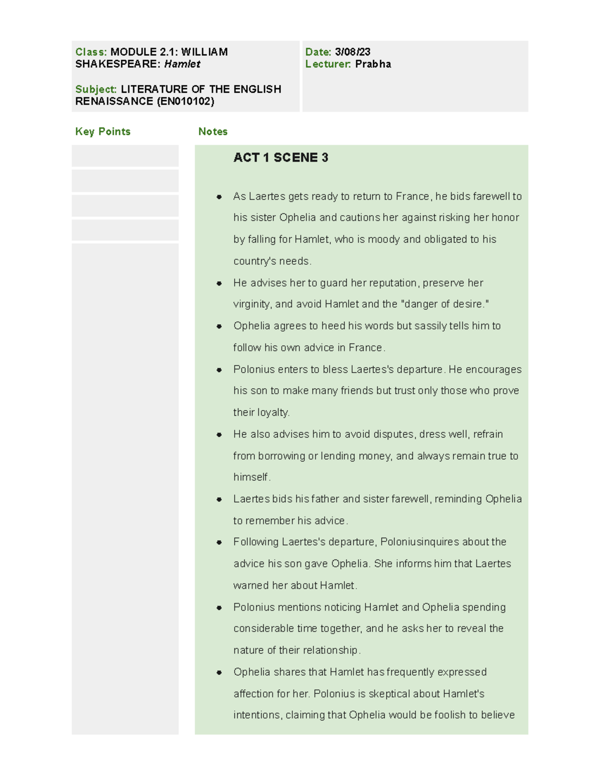 Hamlet Act 1 Scene 3 &4 - Class: MODULE 2: WILLIAM SHAKESPEARE: Hamlet ...