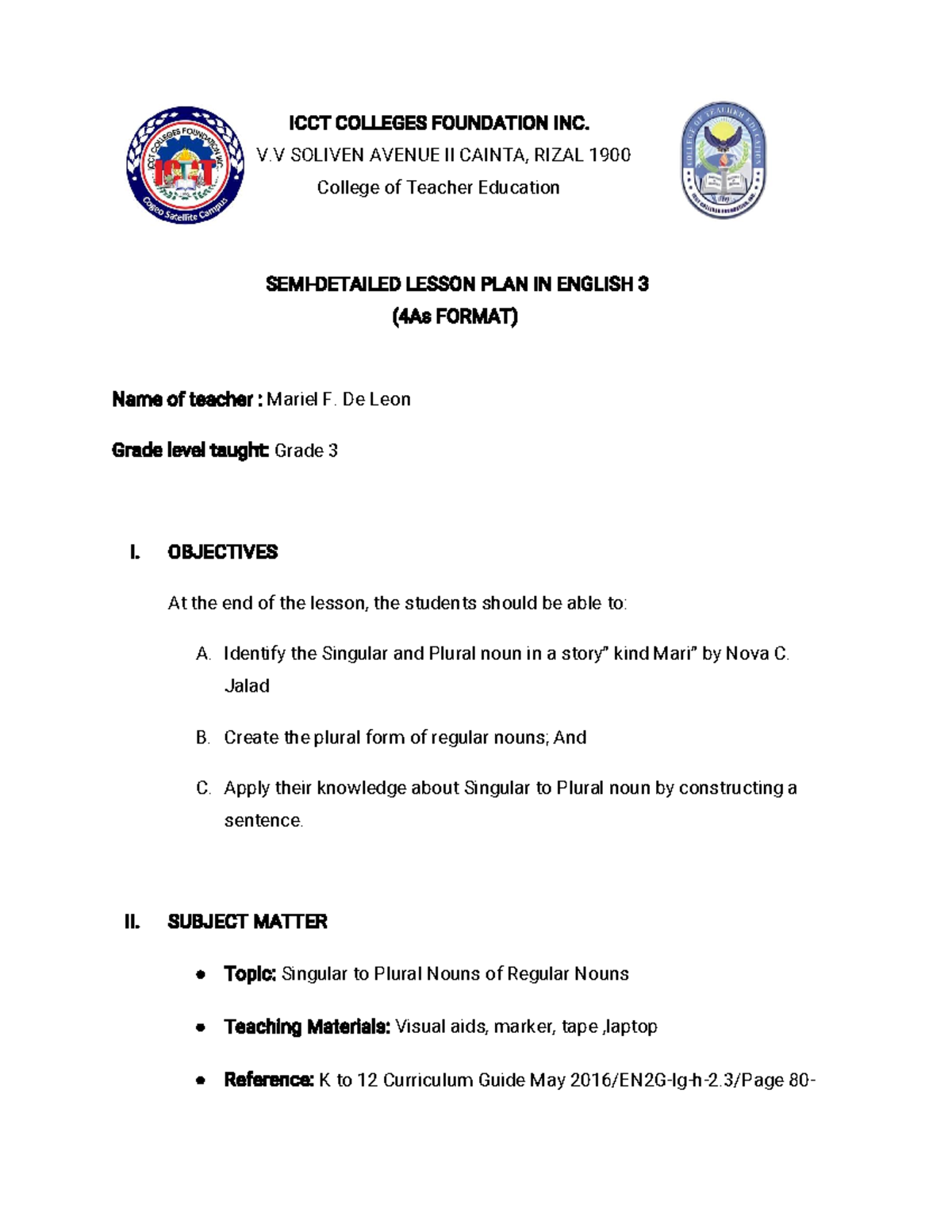 DE LEON, Mariel Lesson PLAN IN English 3 - ICCT COLLEGES FOUNDATION INC ...