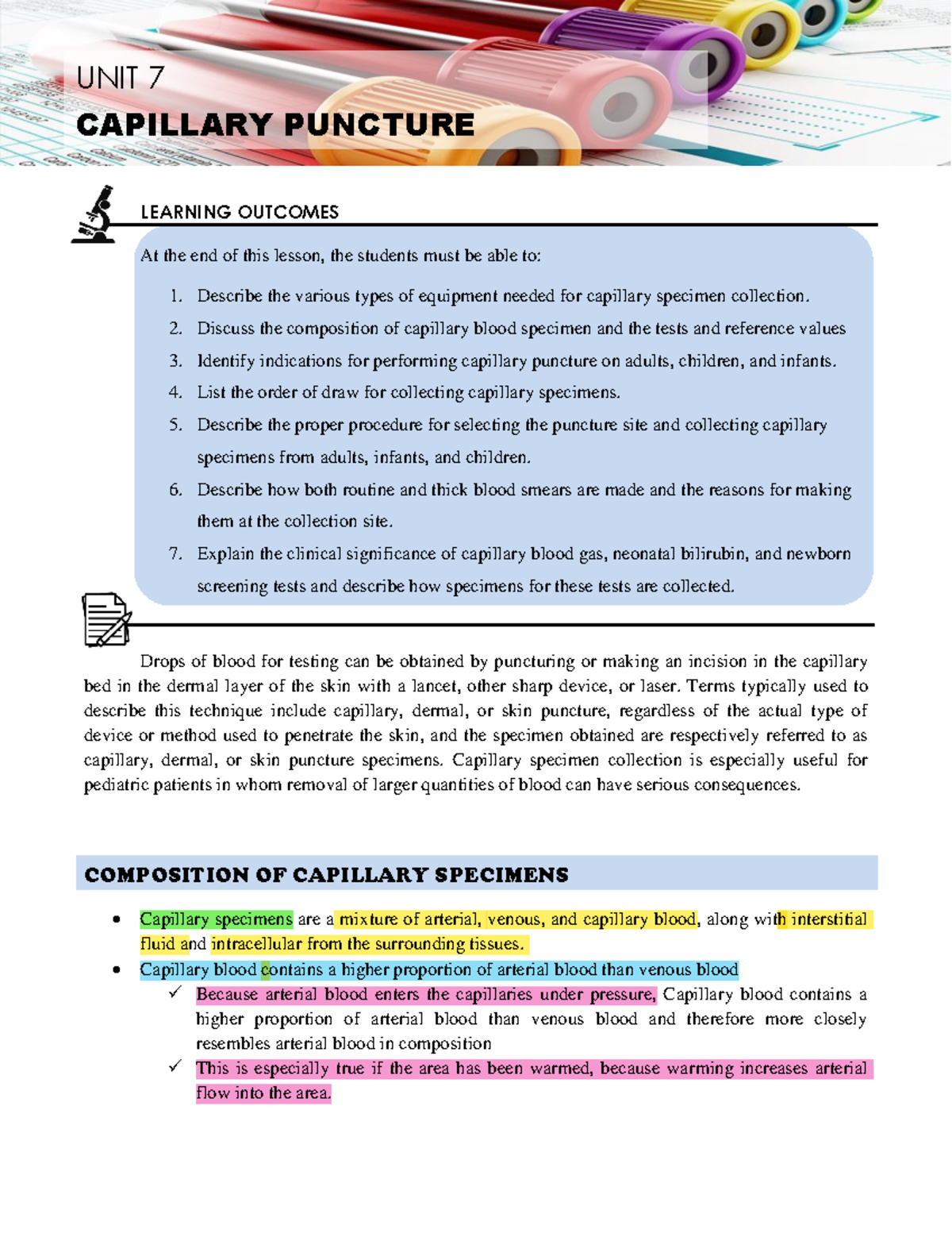 7 Capillary Puncture - Reviewer - At the end of this lesson, the ...