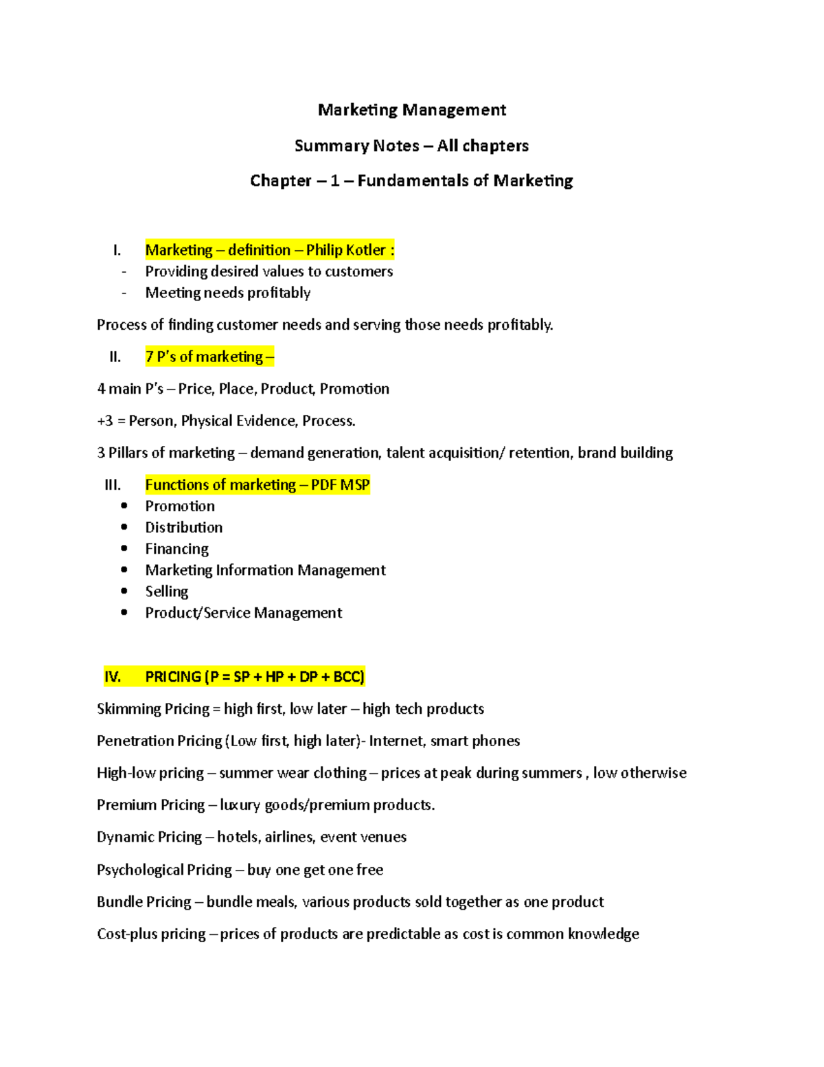 Marketing Management All Chapters Marketing Management Summary Notes