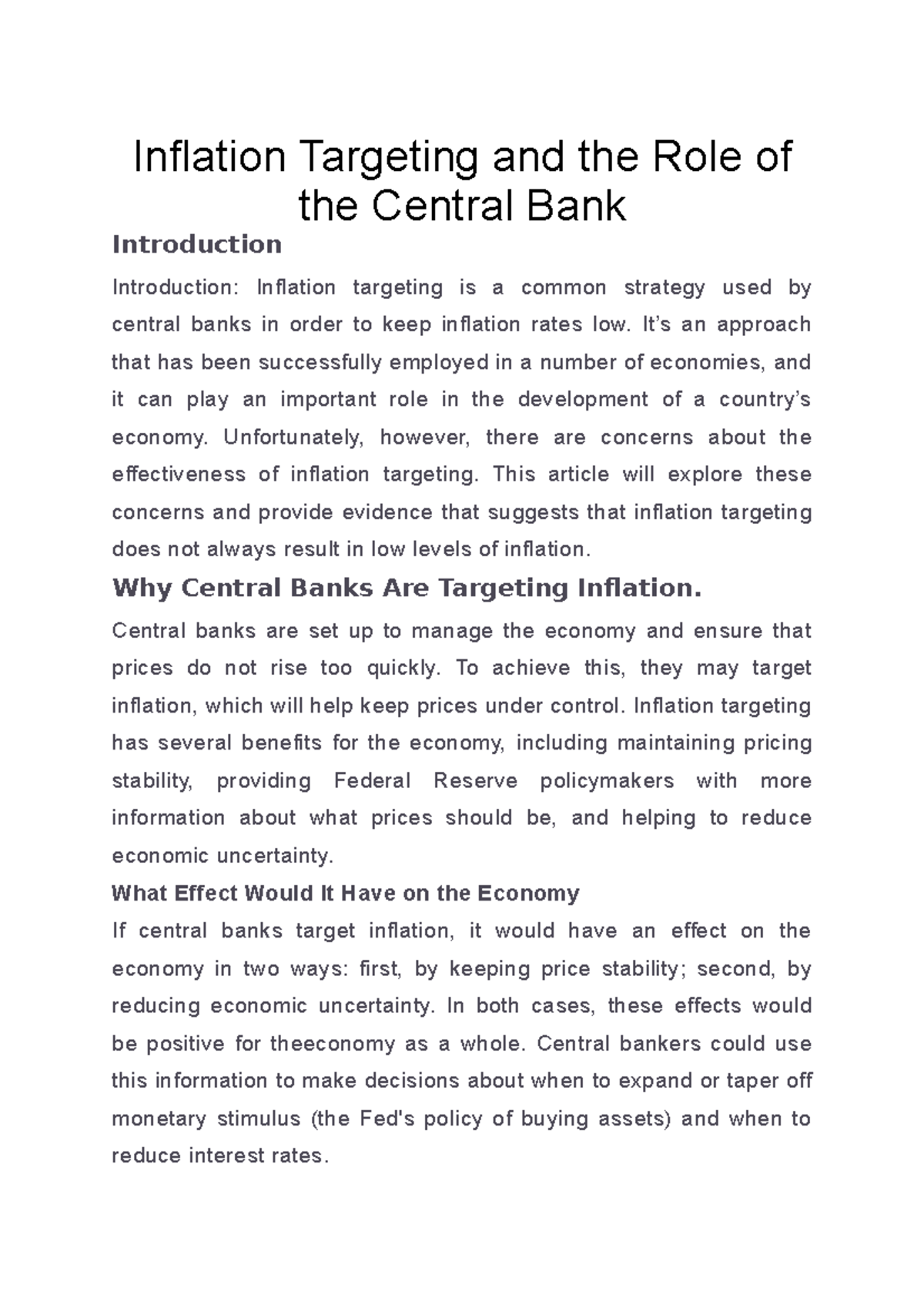 Inflation Targeting and the Role of the Central Bank - Inflation ...
