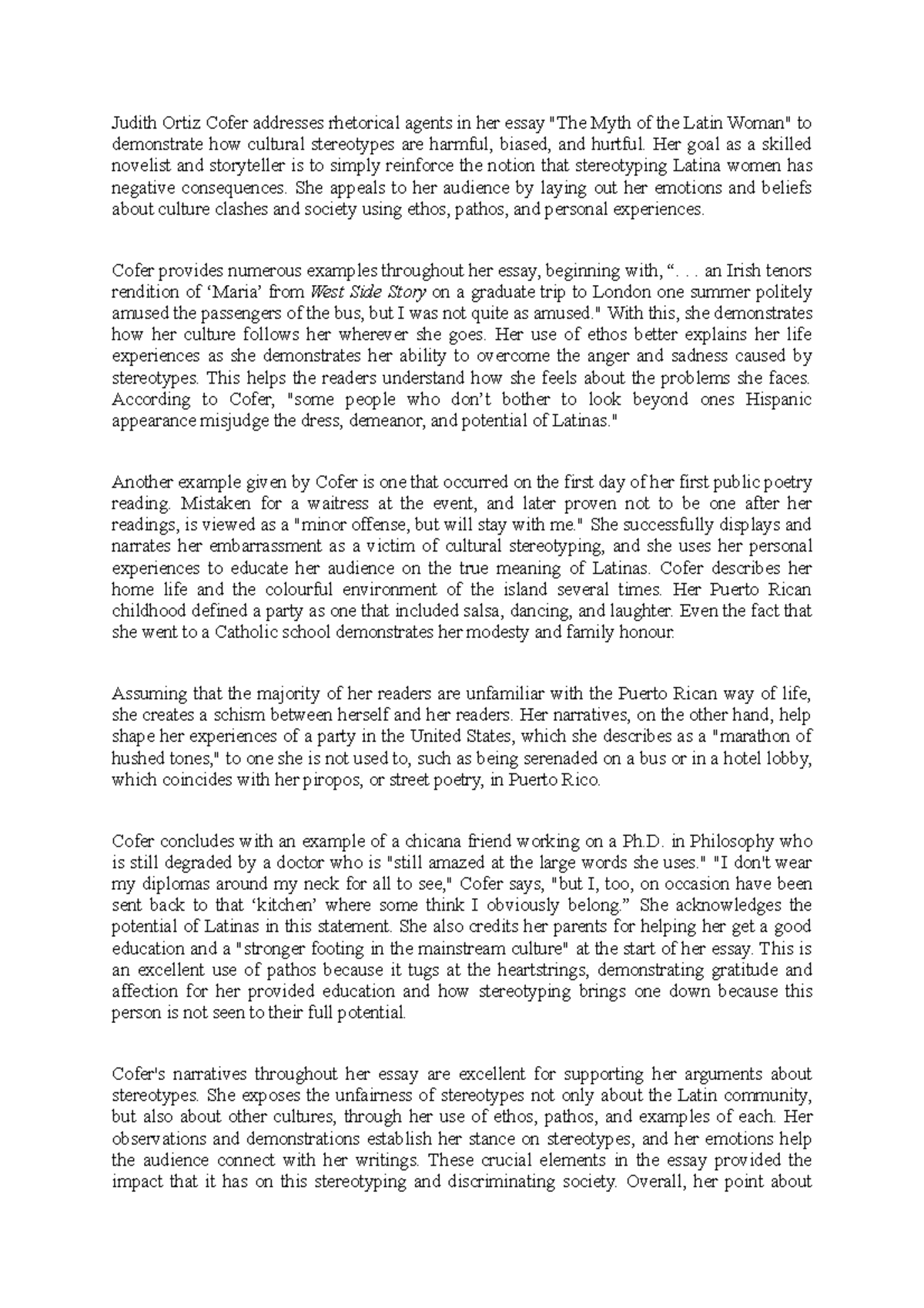 Latin woman - Textual analysis - Judith Ortiz Cofer addresses ...