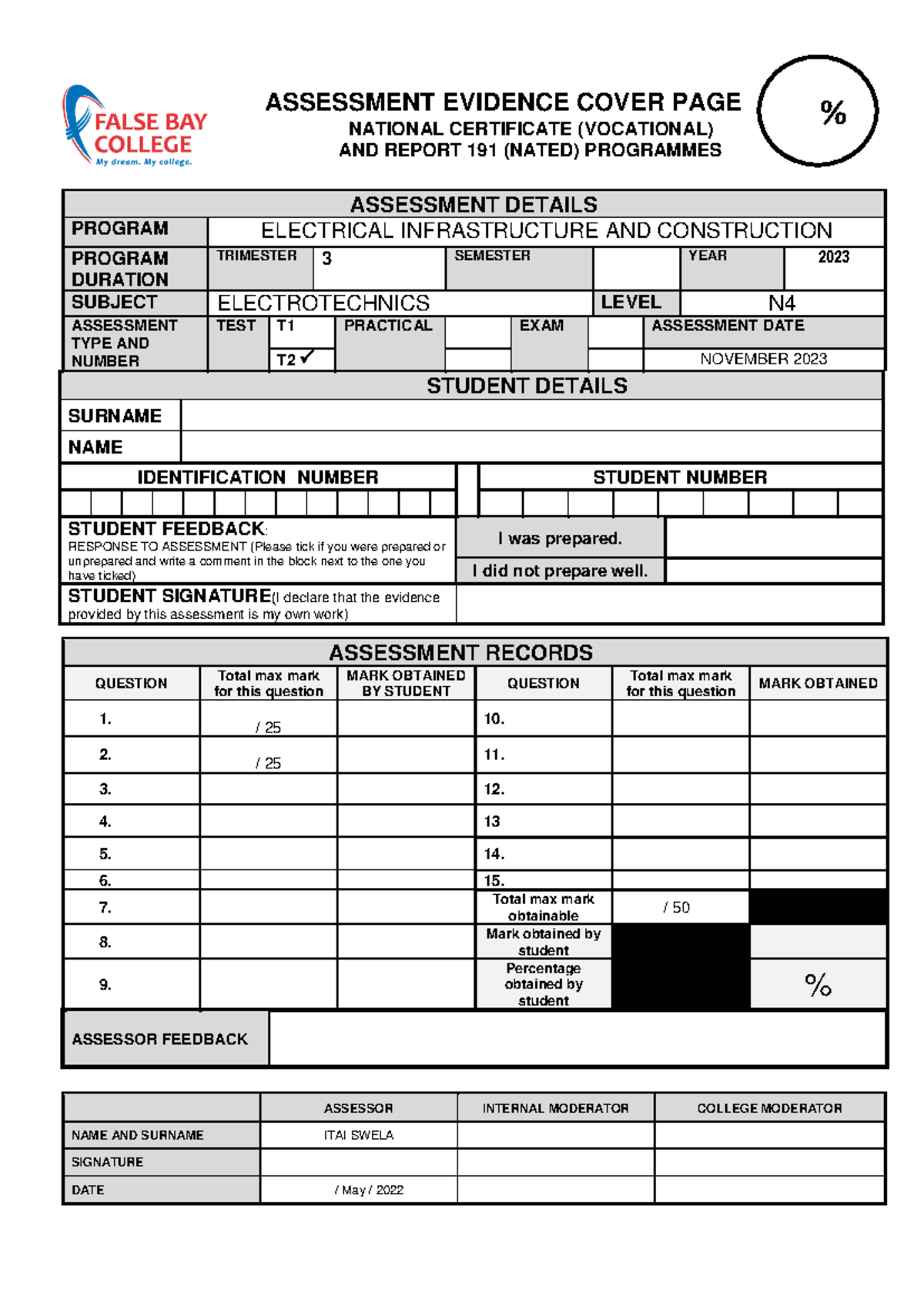 N4 Electrotechnics test Test 2 2023-November - ASSESSMENT EVIDENCE ...