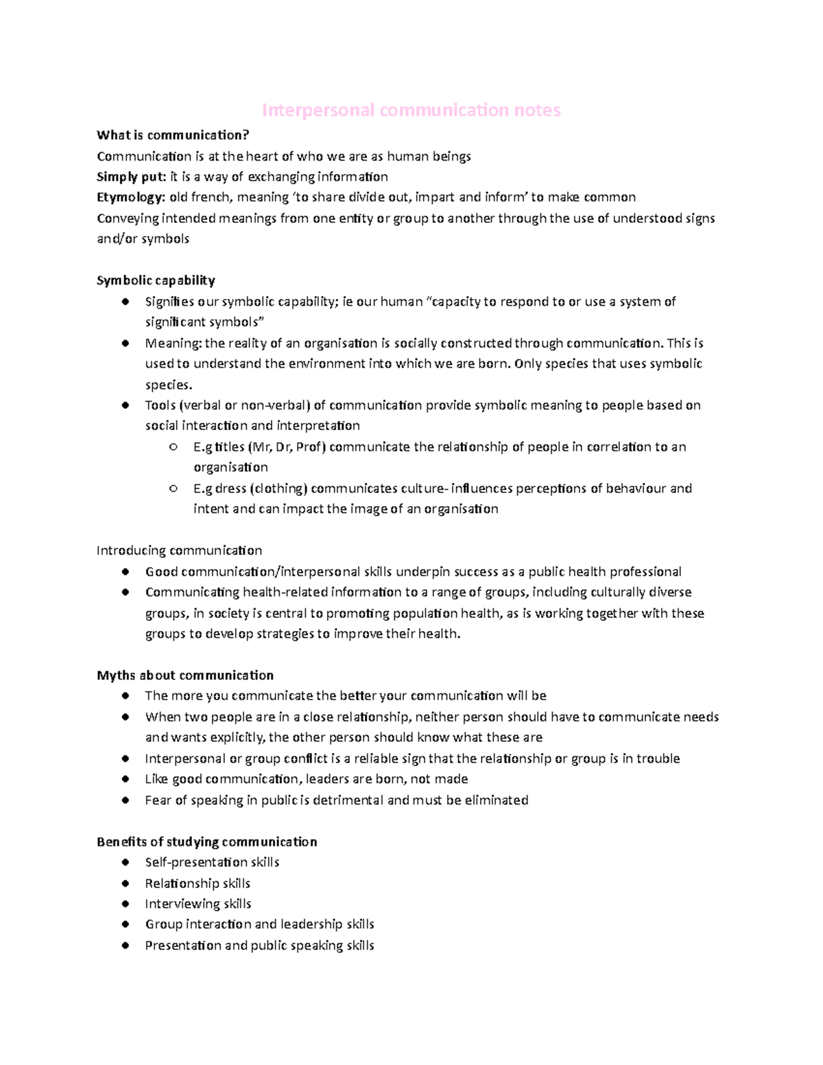Interpersonal communication notes - This is used to understand the ...