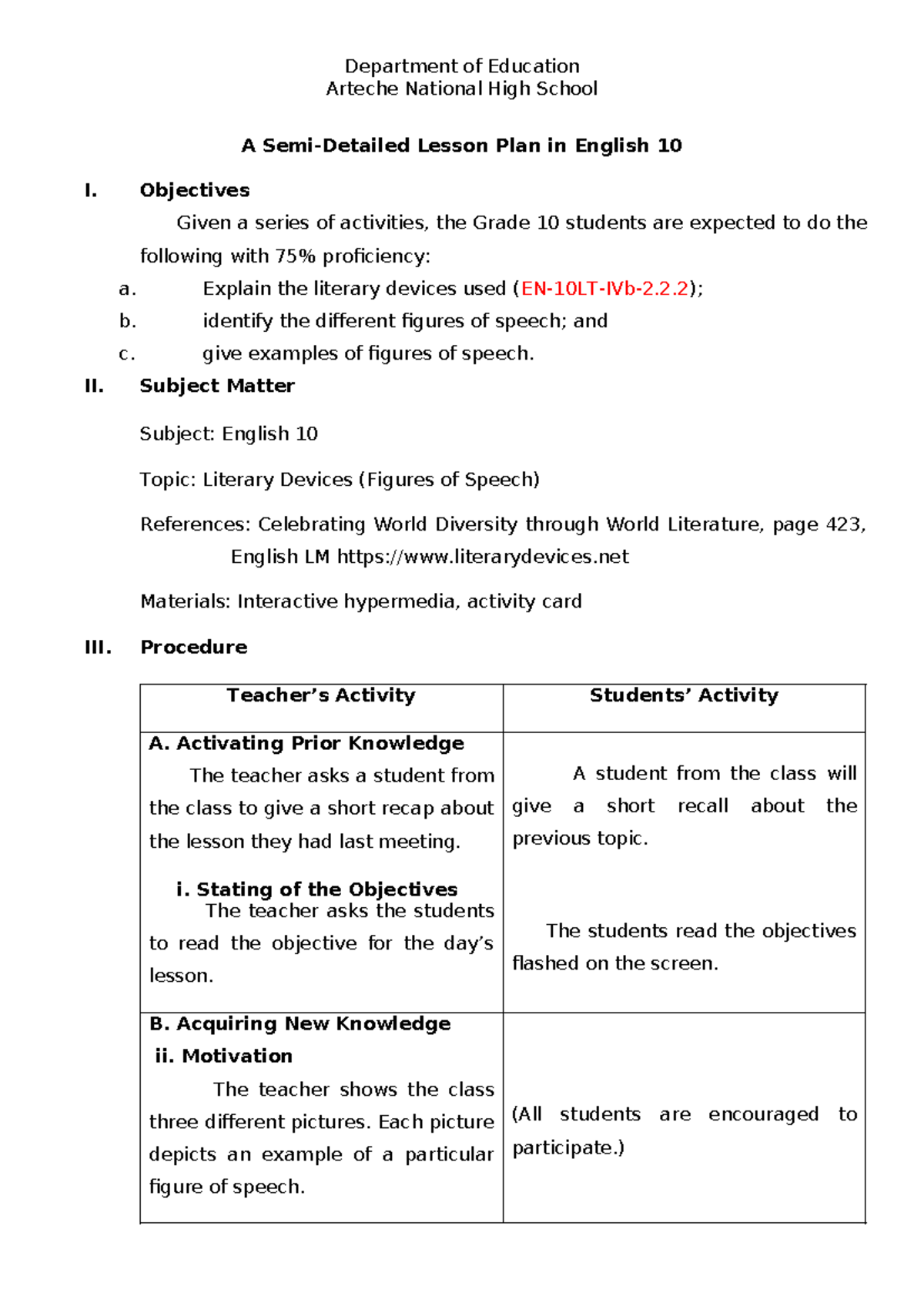 Lpcot 2 - n/a - Department of Education Arteche National High School A ...