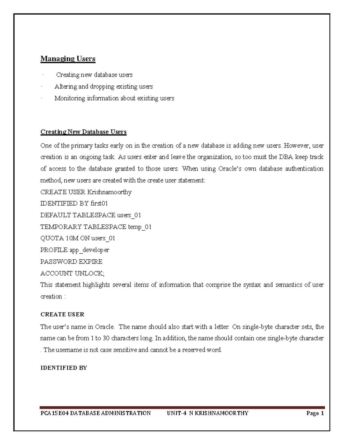 Dba lecture notes download - Managing Users ∑ Creating new database ...