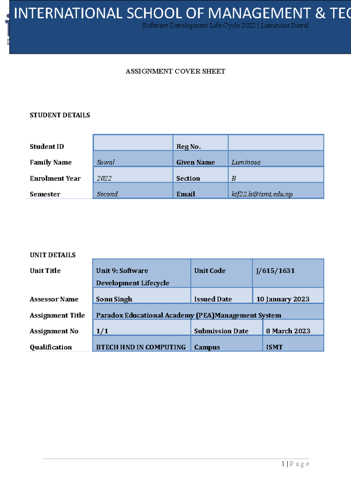 SDLC Assignment - INTERNATIONAL SCHOOL OF MANAGEMENT & TEC Software ...