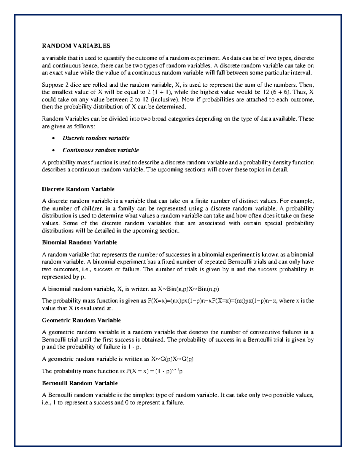 B17 - RANDOM VARIABLES - RANDOM VARIABLES a variable that is used to quantify the outcome of a ...